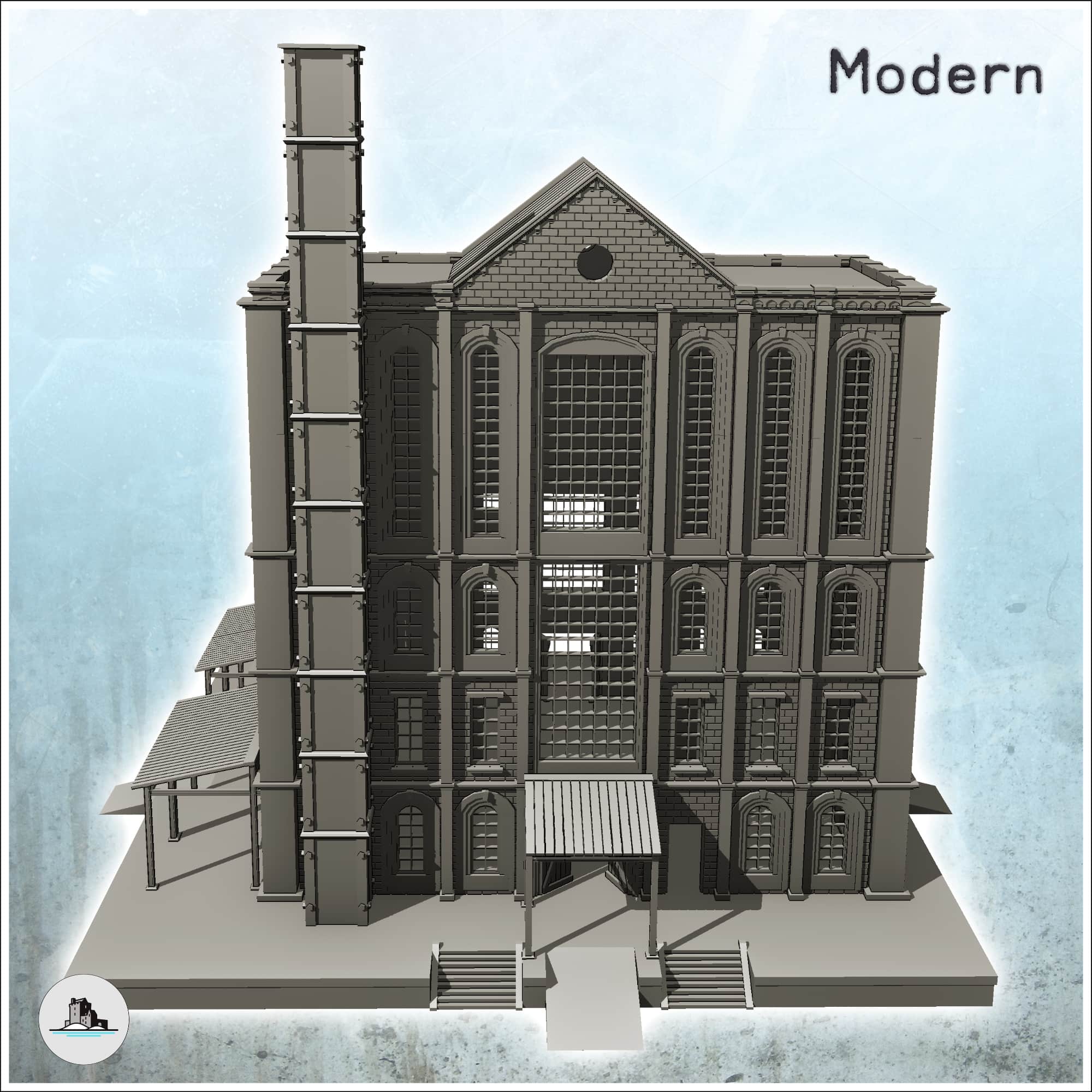 Large multi-storey brick factory on platforms with canopies and ramps ...
