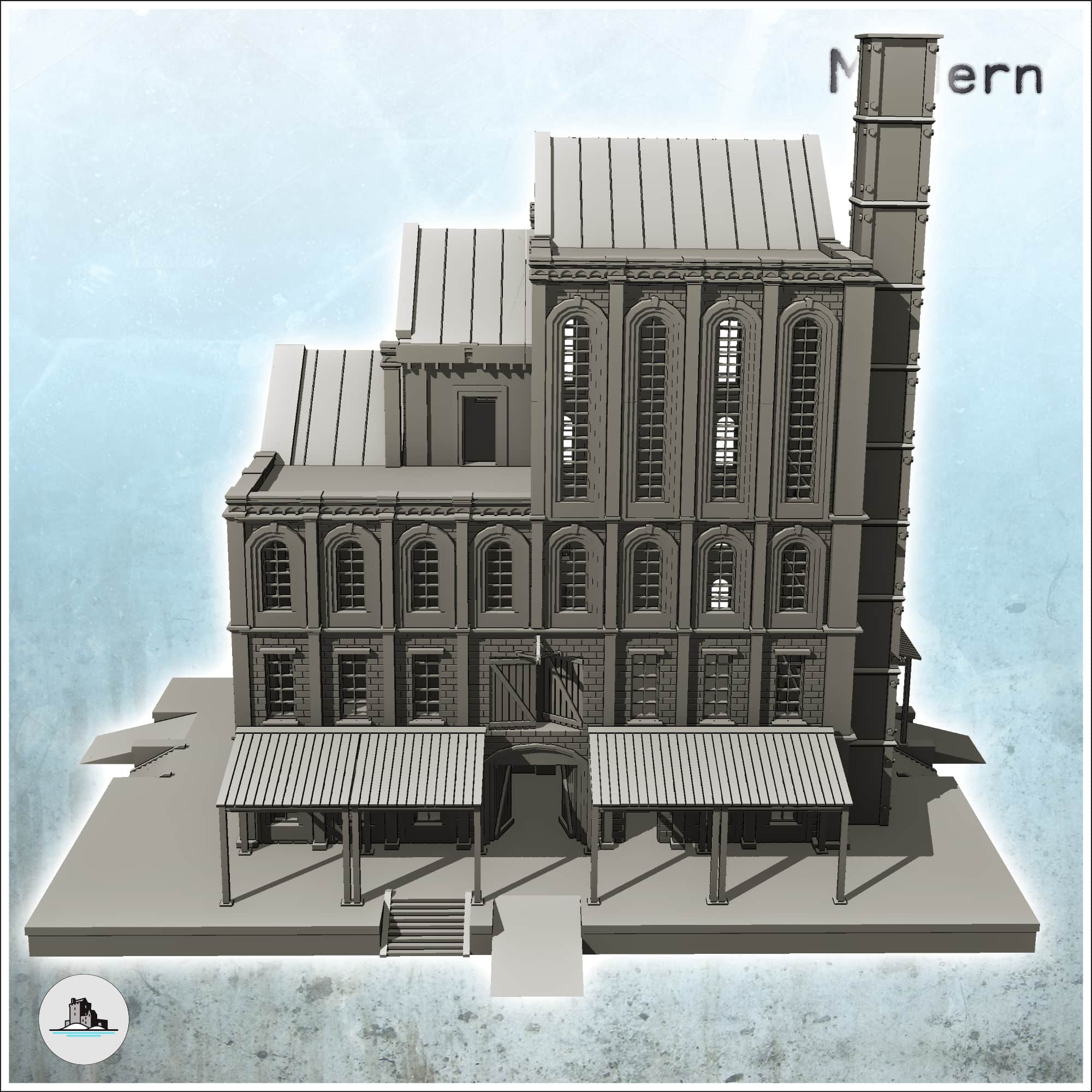Large multi-storey brick factory on platforms with canopies and ramps ...