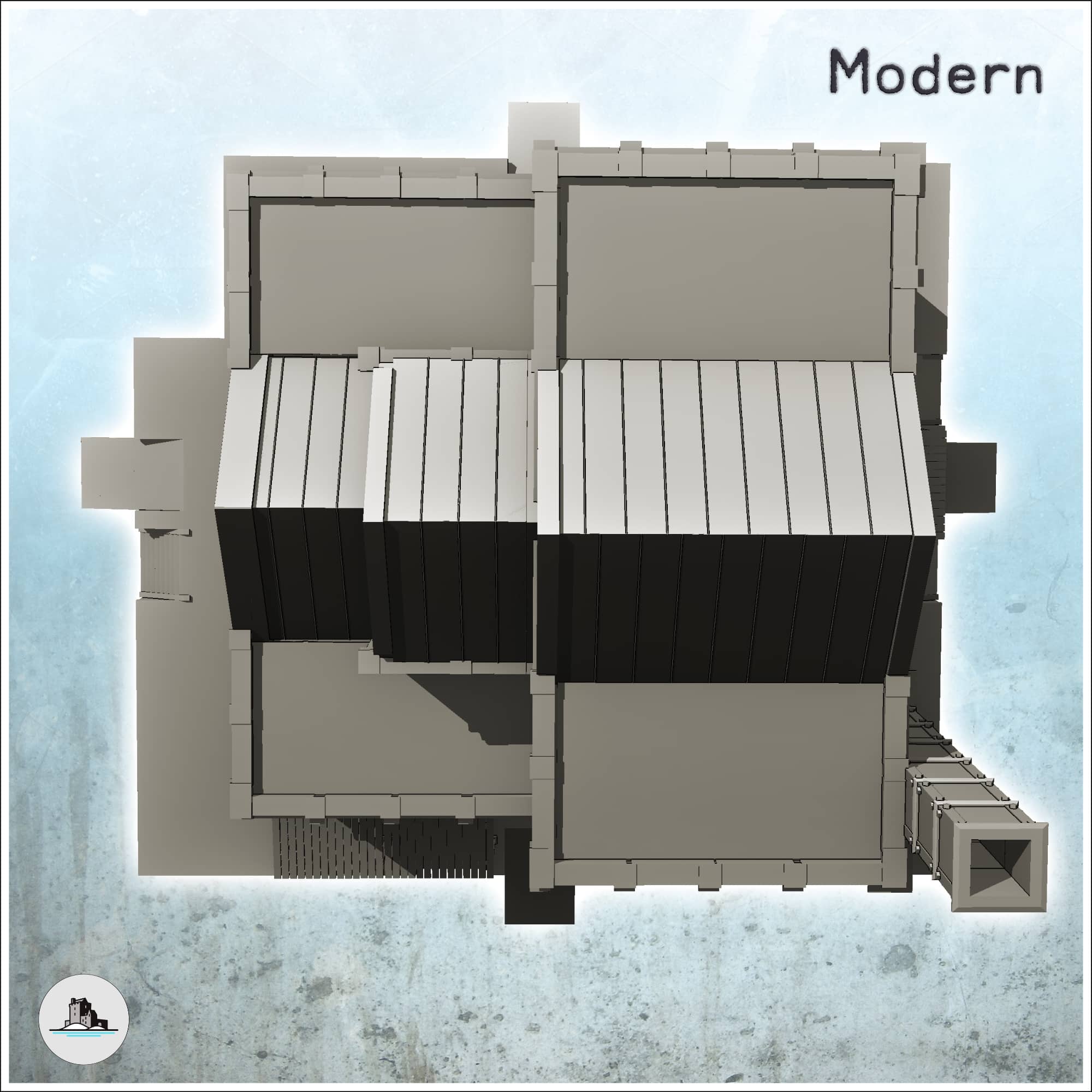 Large multi-storey brick factory on platforms with canopies and ramps ...