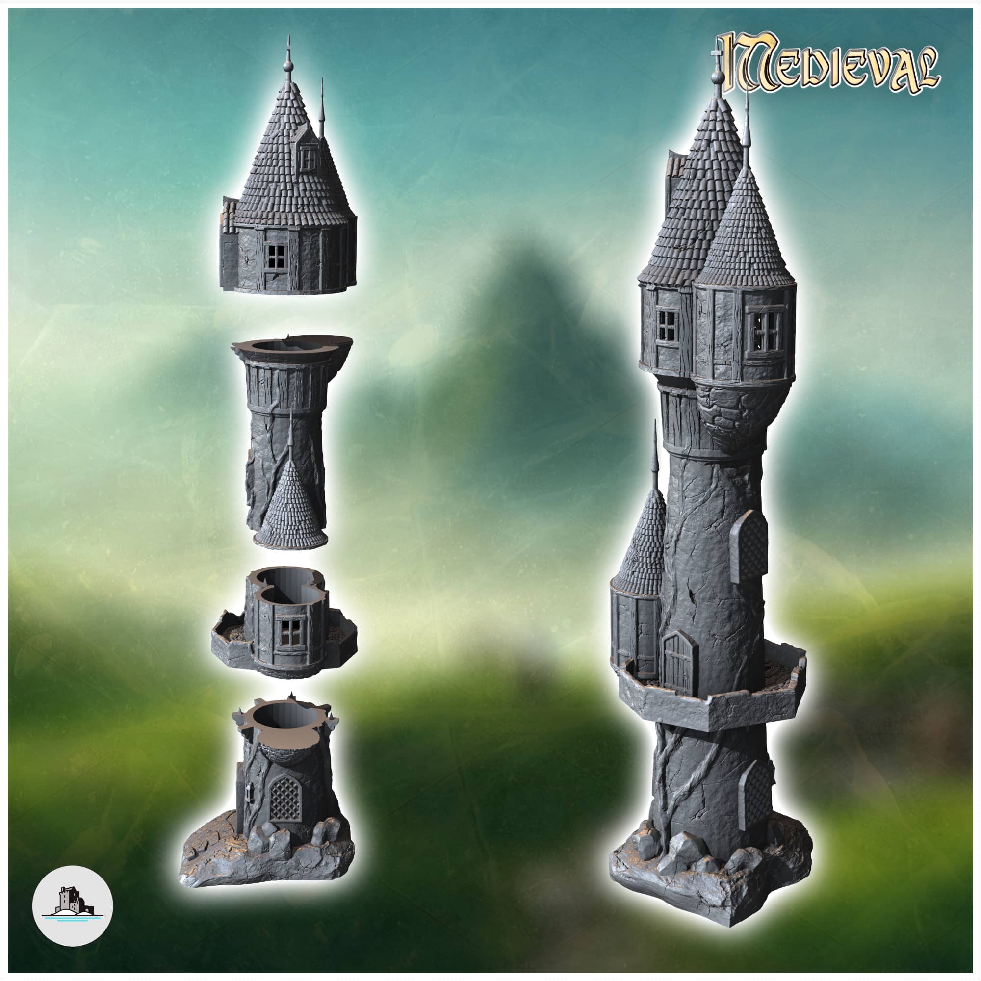 Large round multi-storey medieval tower with arched paned windows ...