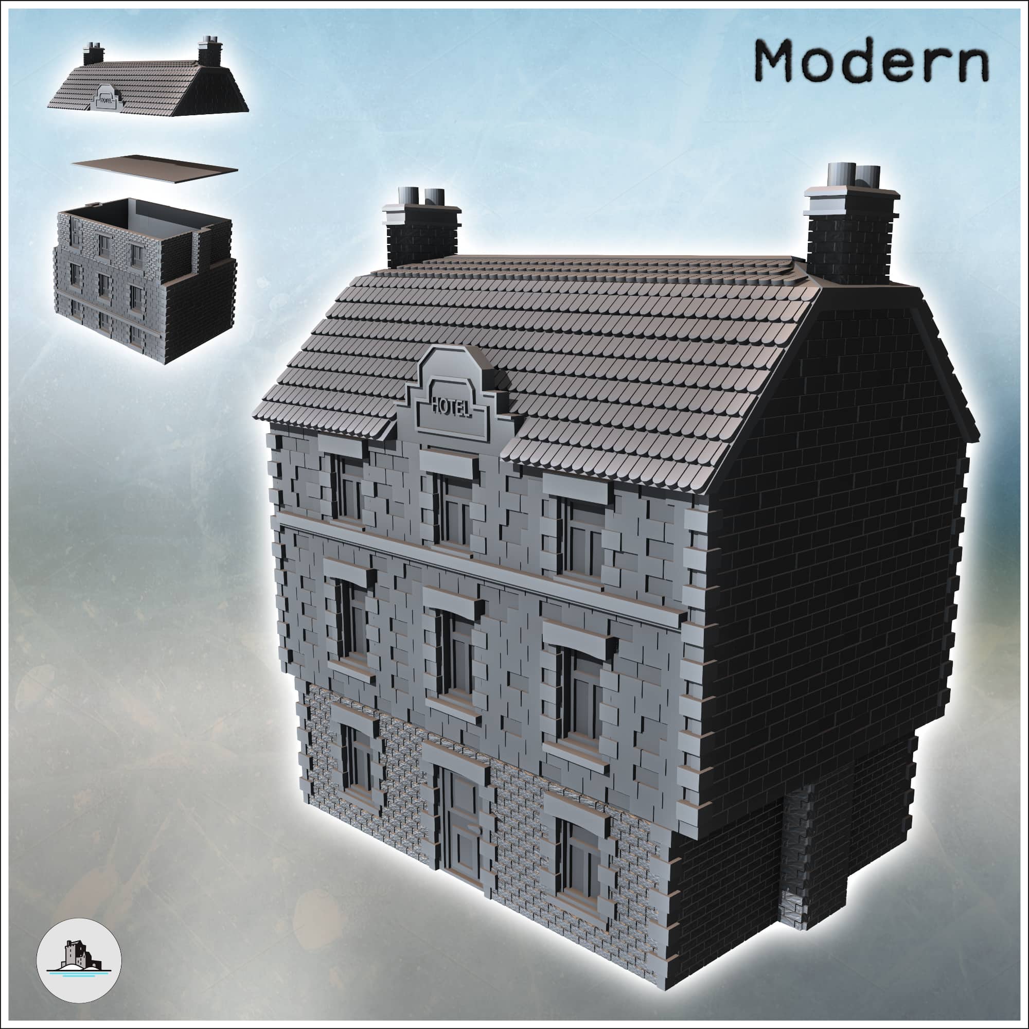 Modern two-story hotel with tiled roof and cut stone and brick walls ...