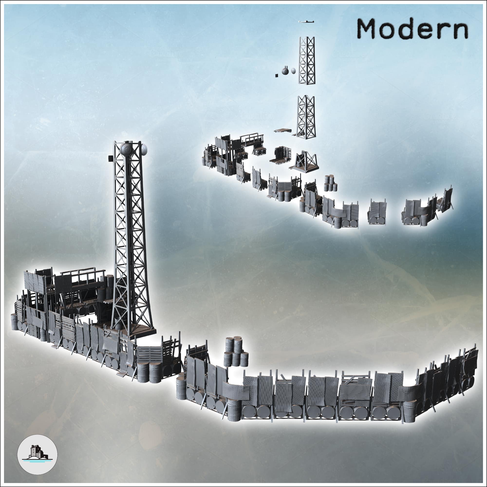 Post-apocalyptic modern fortifications with sheet metal barriers firing ...