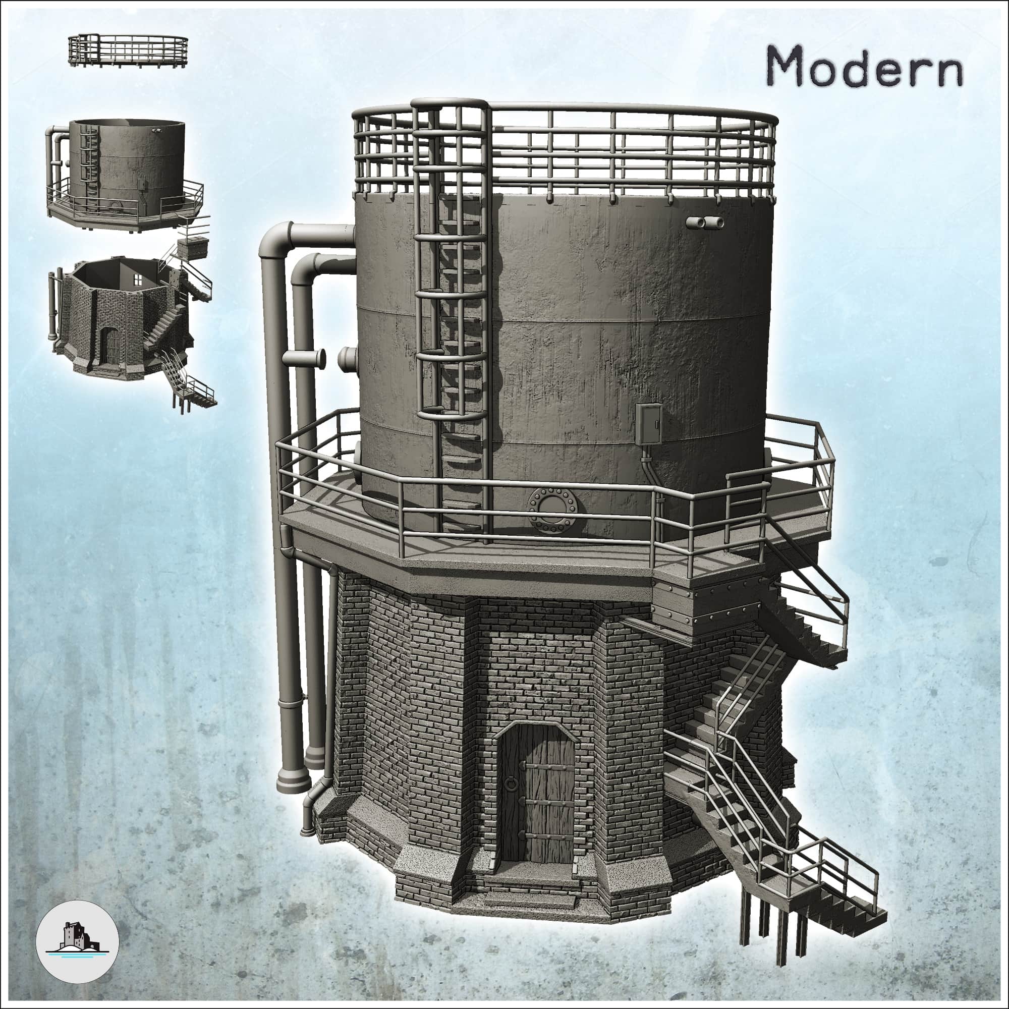 Round metal tank with pipes access stairs and base platform in bricks ...