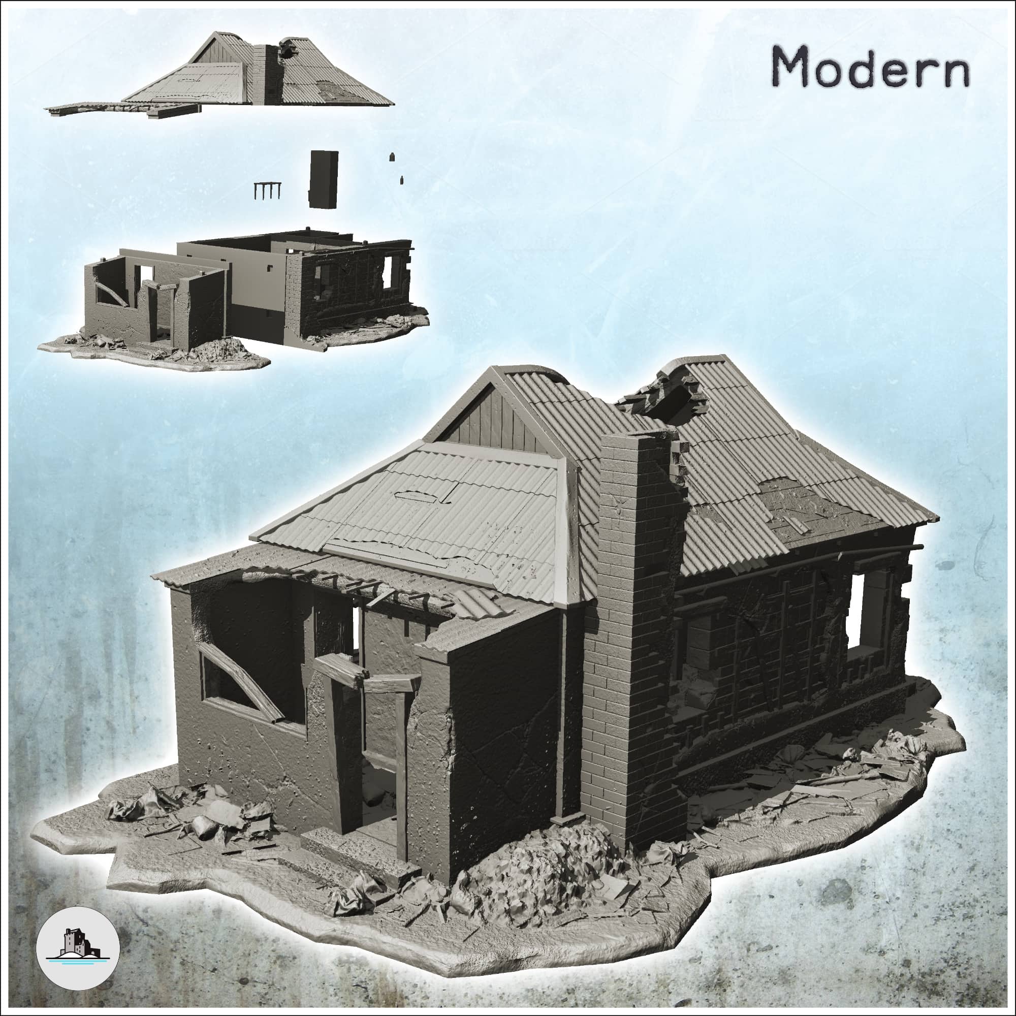 Modern house with tin roof and external chimney (ruined version) (props ...