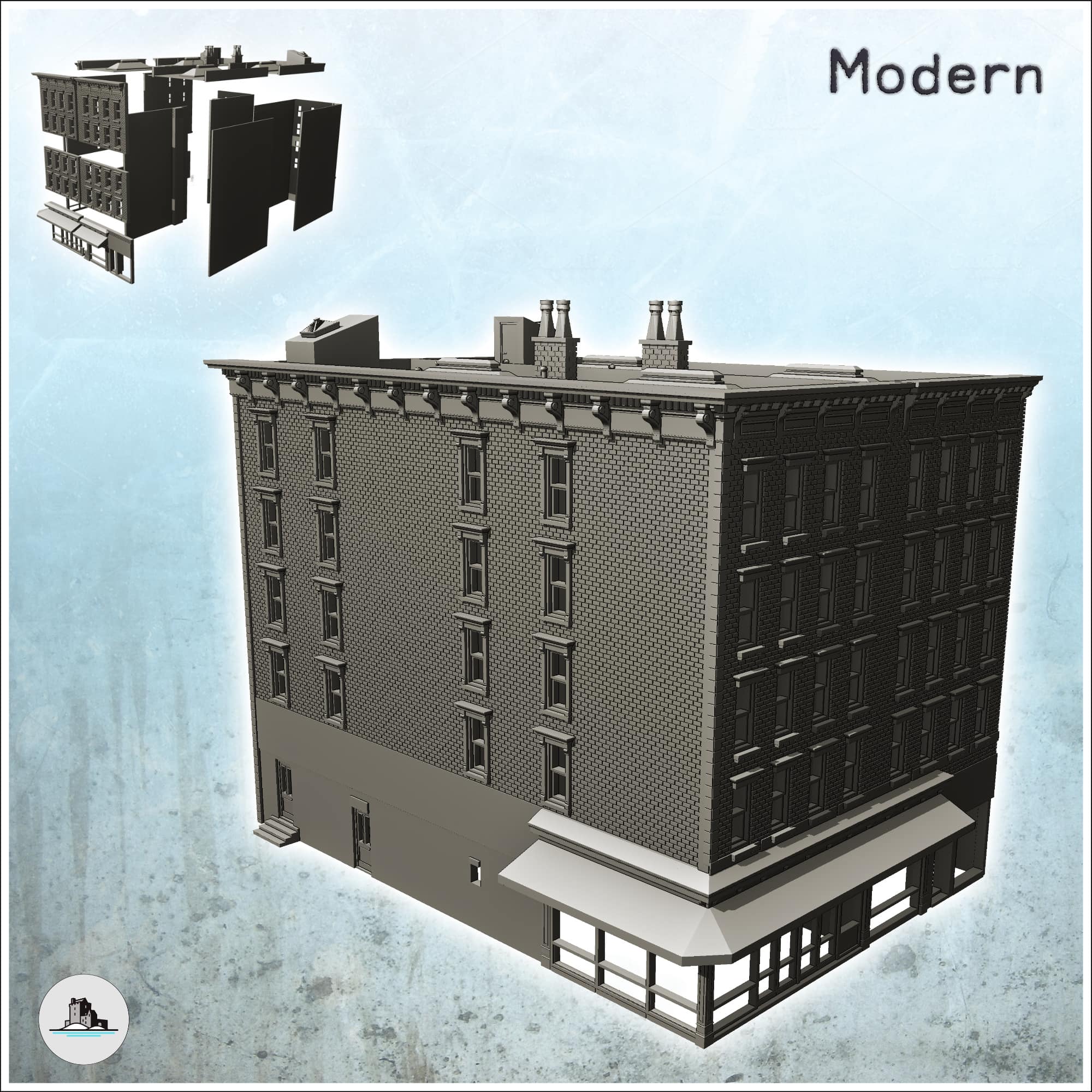 Large modern corner building with store with canopies and roof chimneys ...