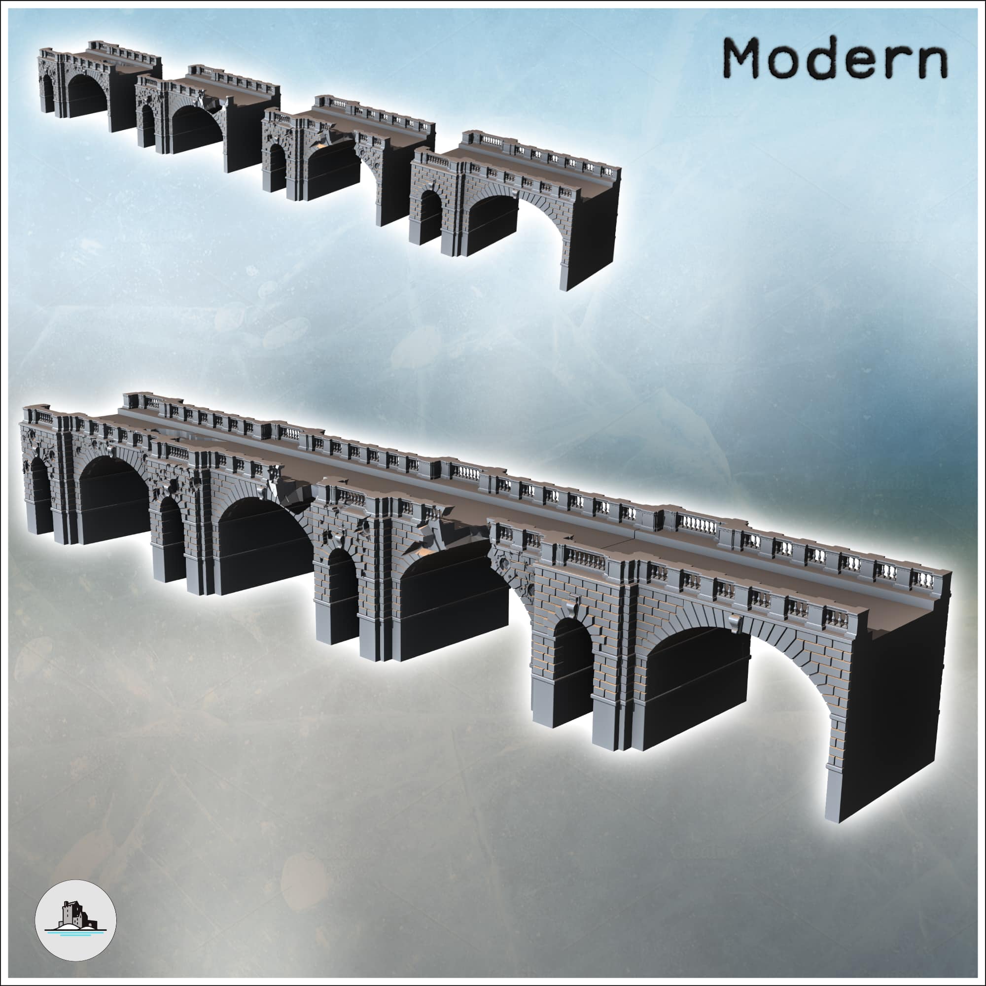 Modern modular brick bridge with multiple pillars and stone railing (7 ...