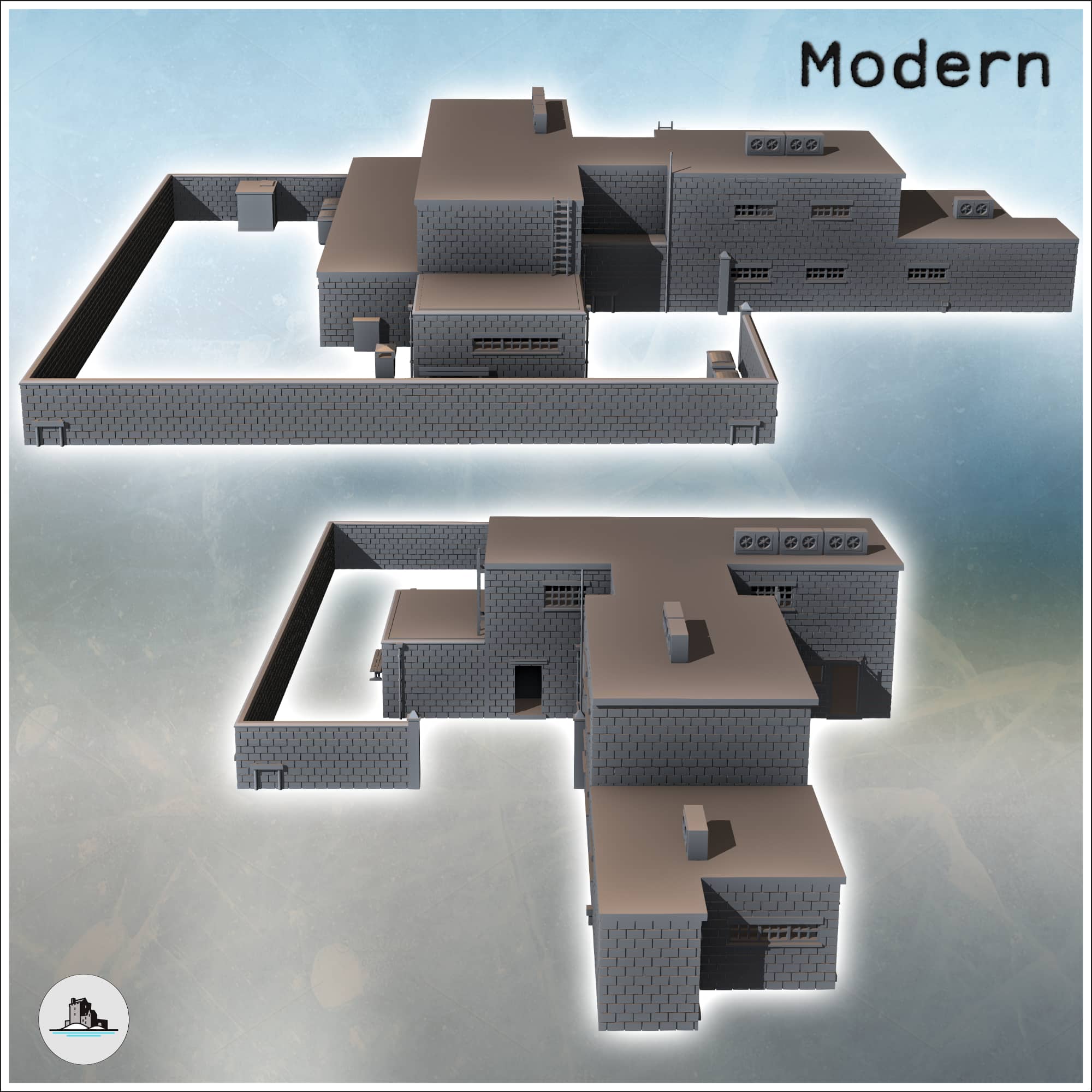 Large multi-story brick building with enclosure wall flat roof and ...