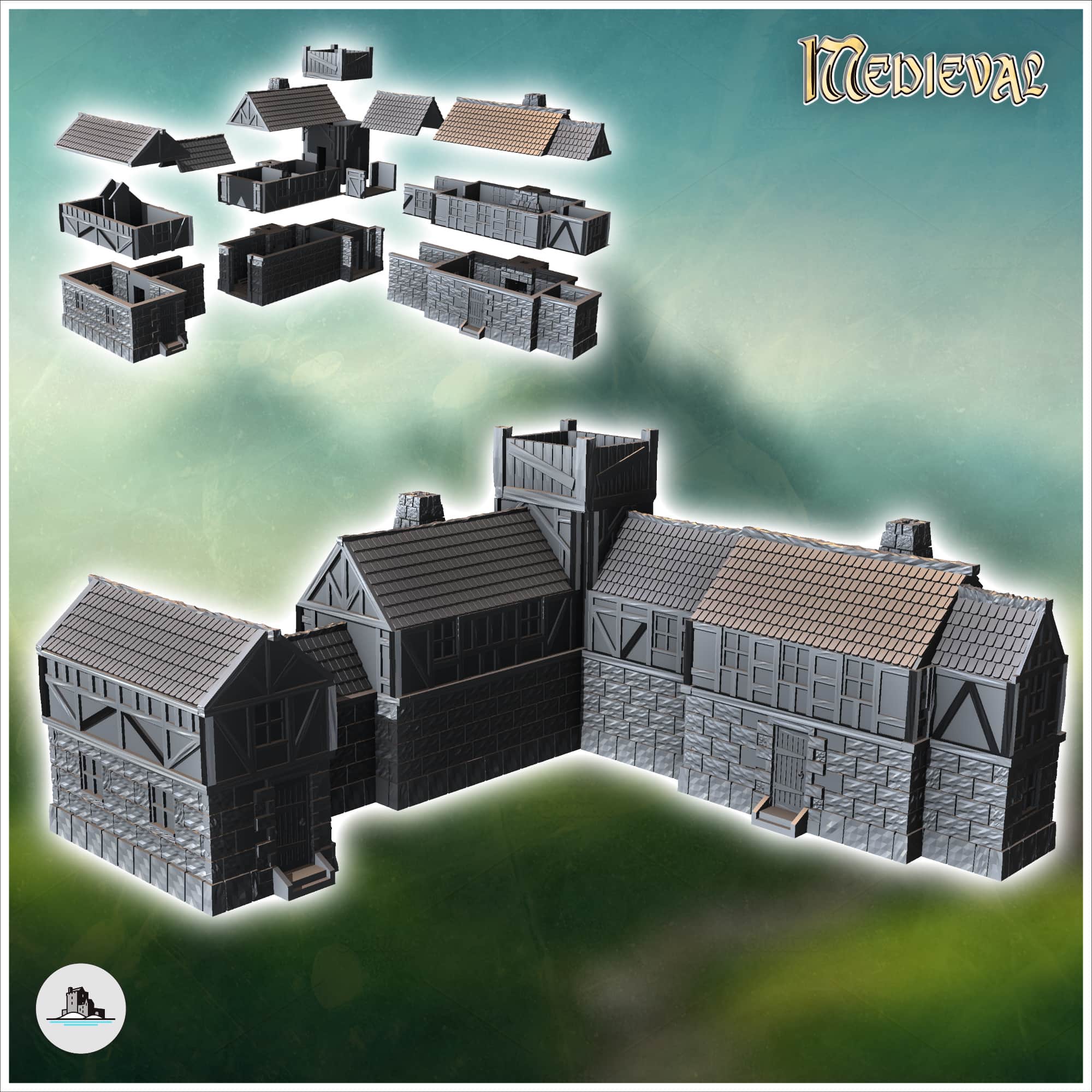 Large medieval building with stone base and wooden corner (3) by ...