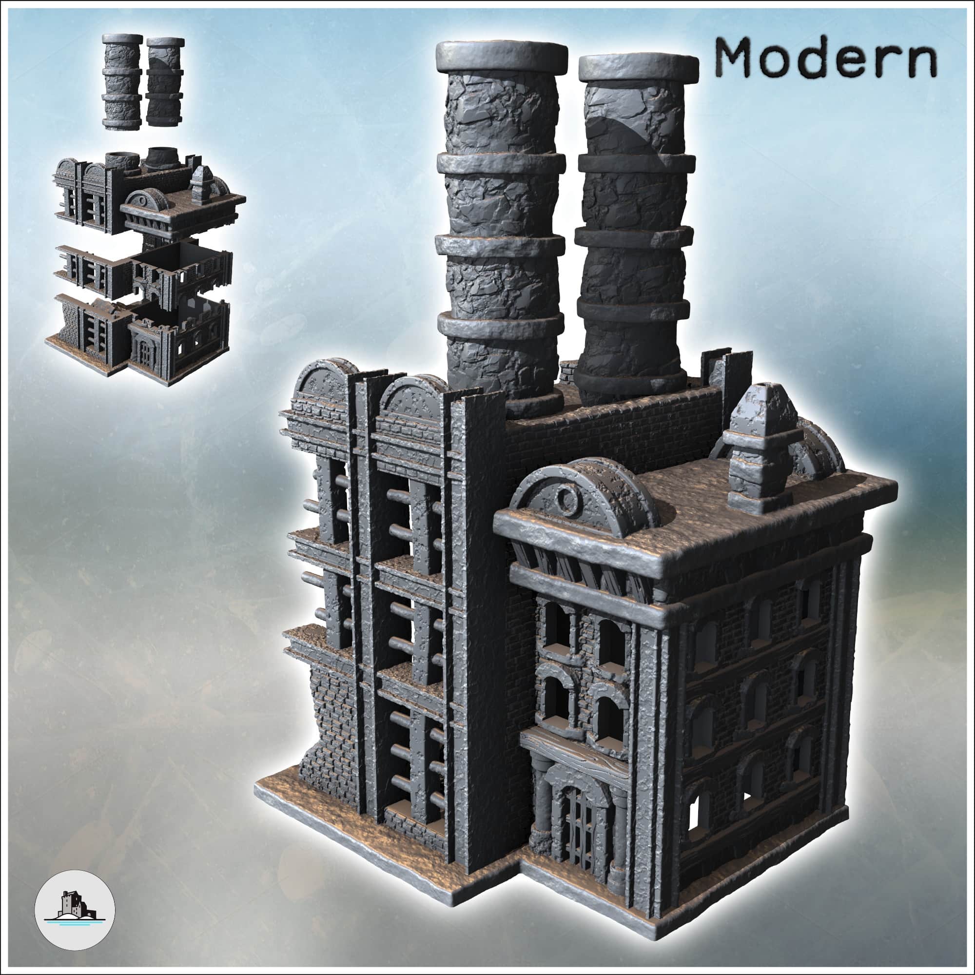 Destroyed modern factory with double chimneys and two storeys (3) by ...
