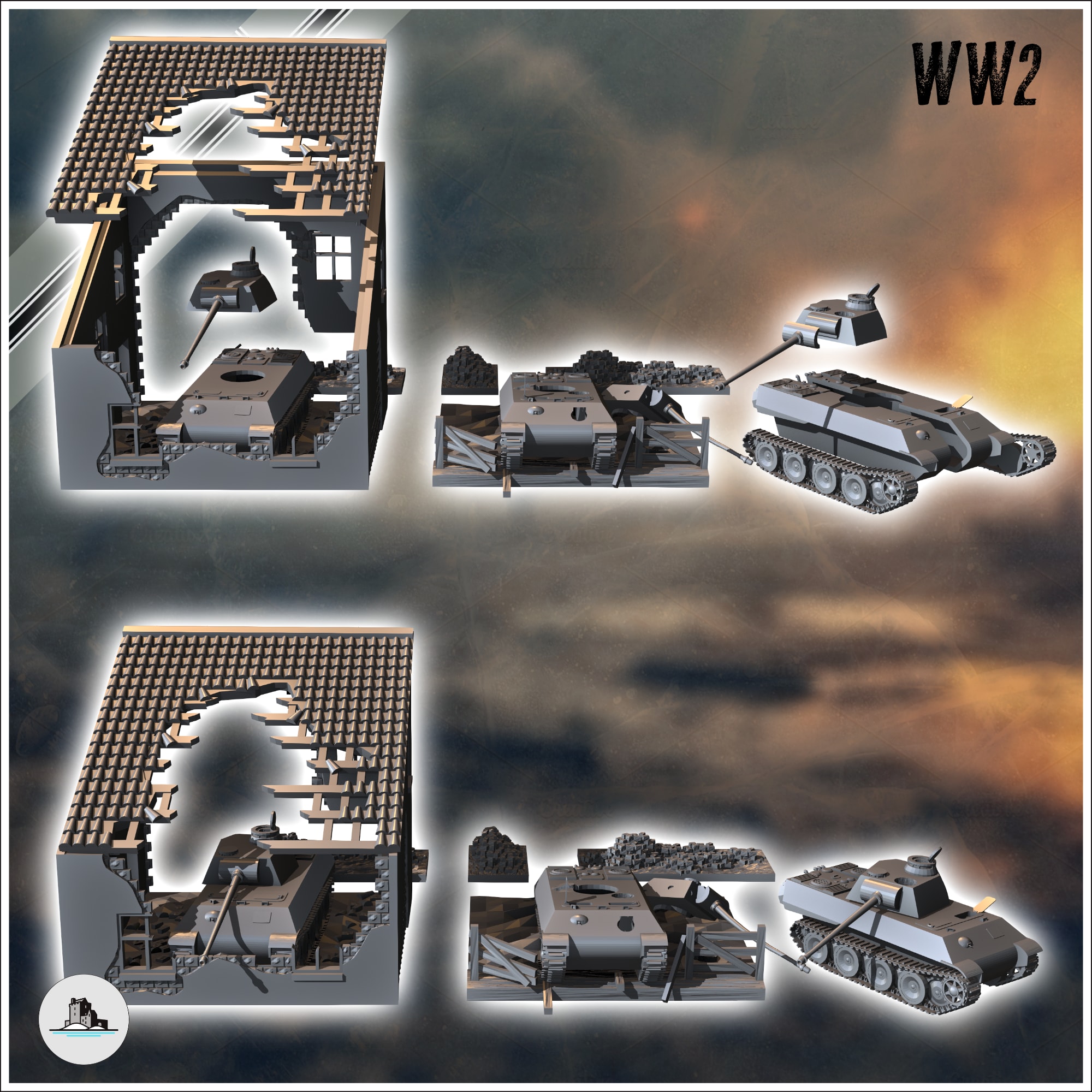 Set of three destroyed Panzer V Panther Ausf. A tank carcasses with ...