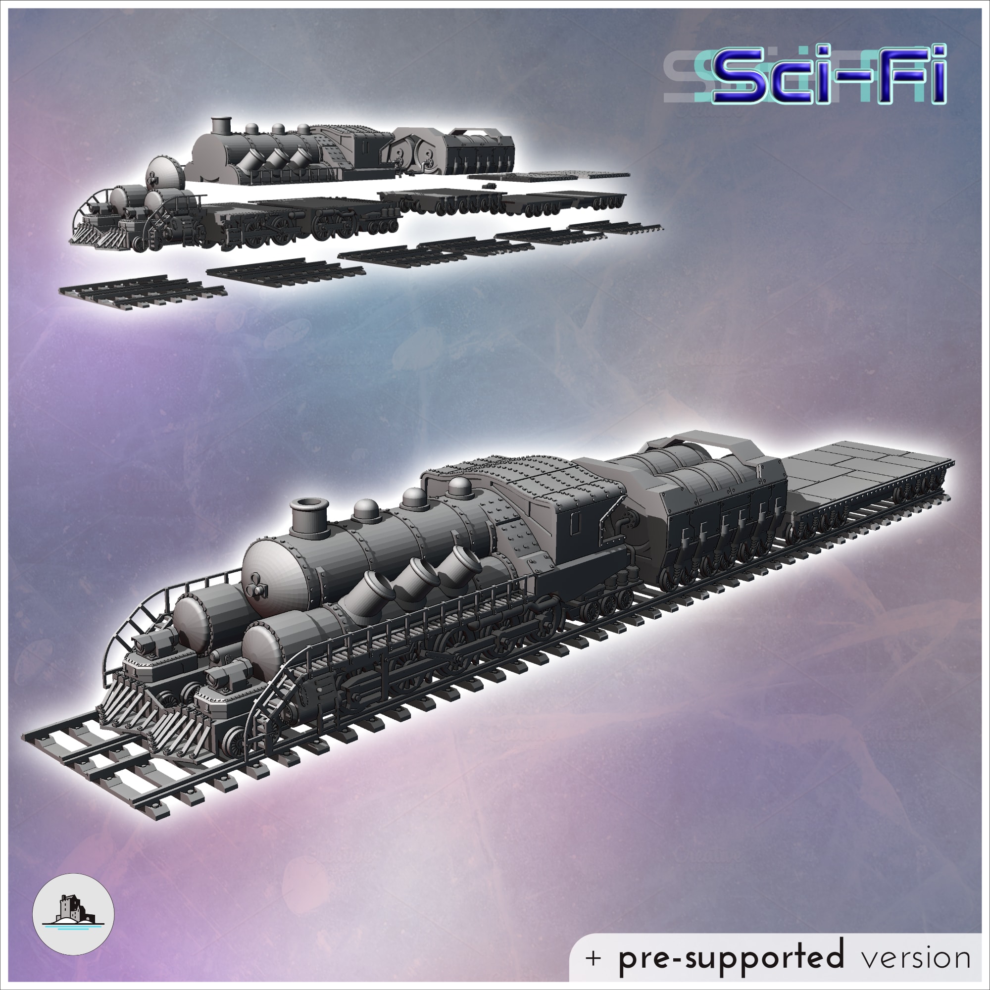 Steampunk train on double tracks with steam locomotive and trailer ...