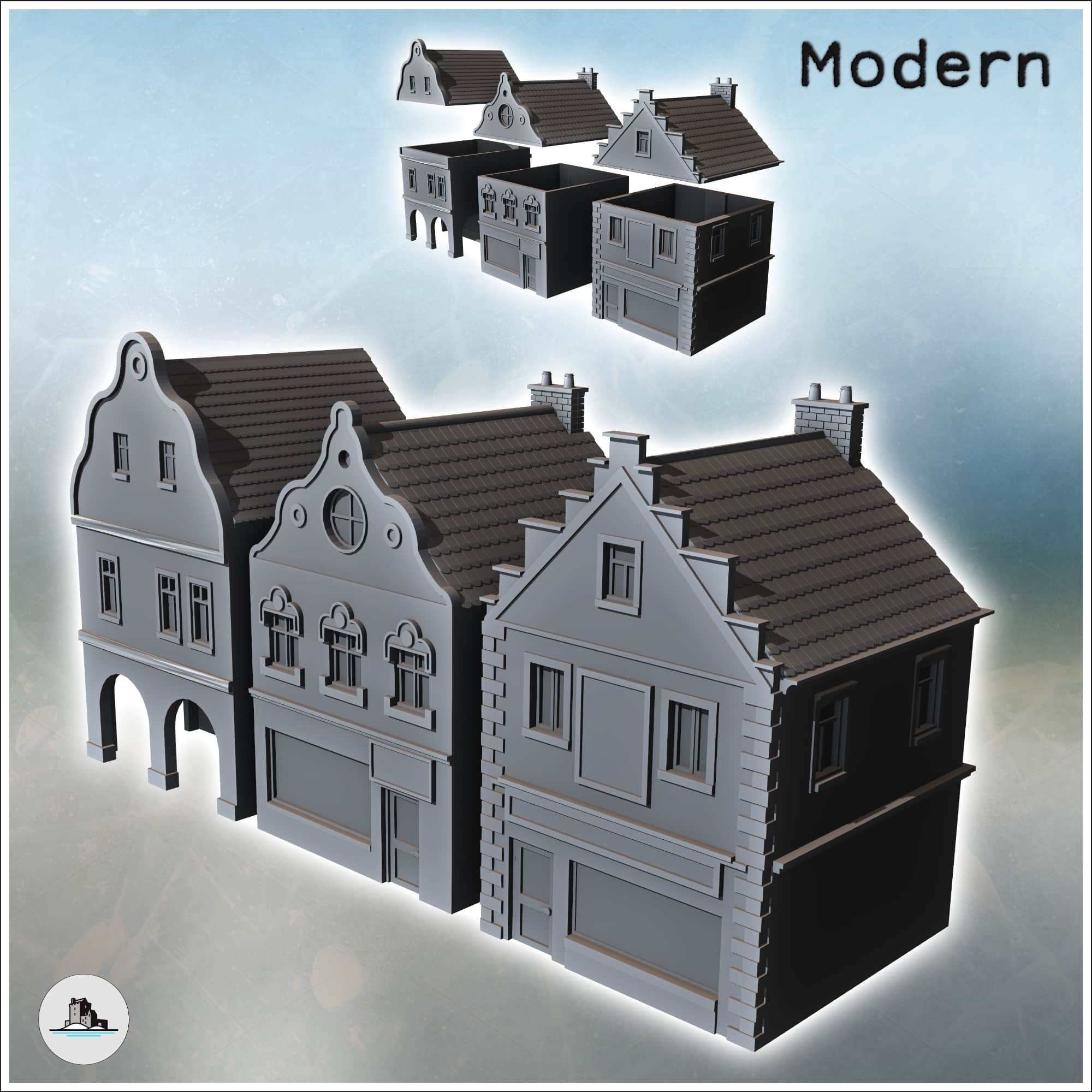 Set of three Flemish Baroque-style buildings with stories and colonnade ...