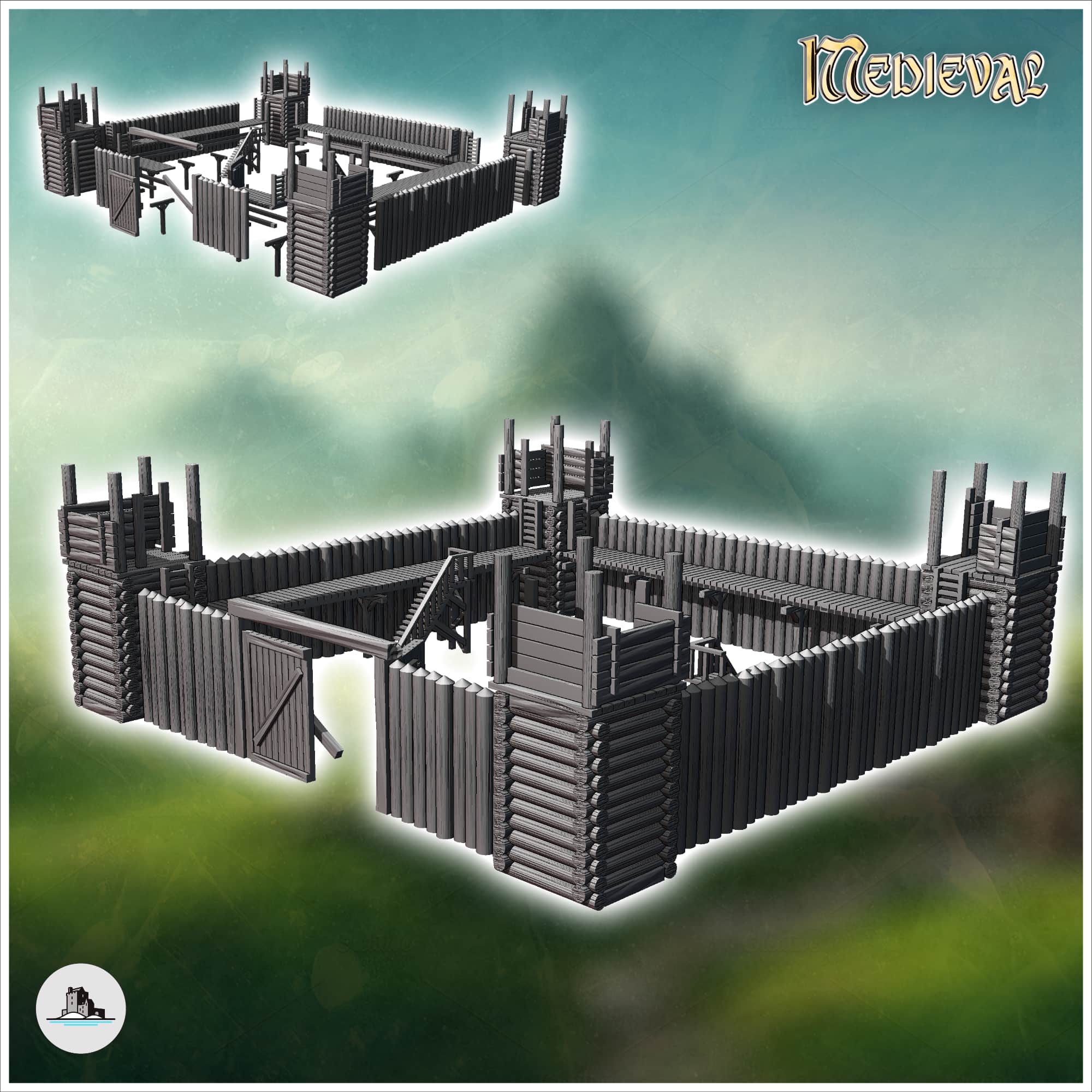 Fortified outpost with log walls large wooden gate and defense towers ...