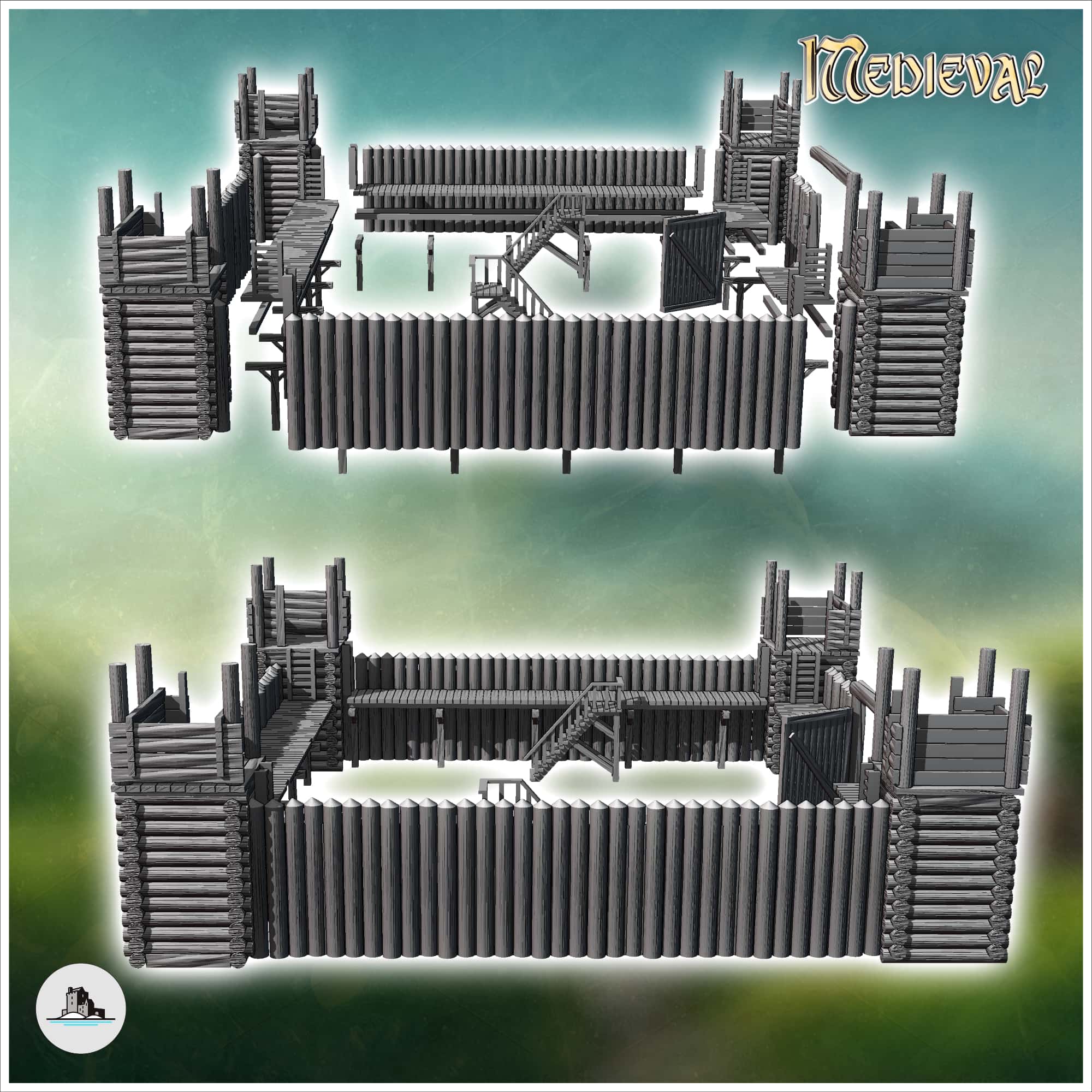 Fortified outpost with log walls large wooden gate and defense towers ...