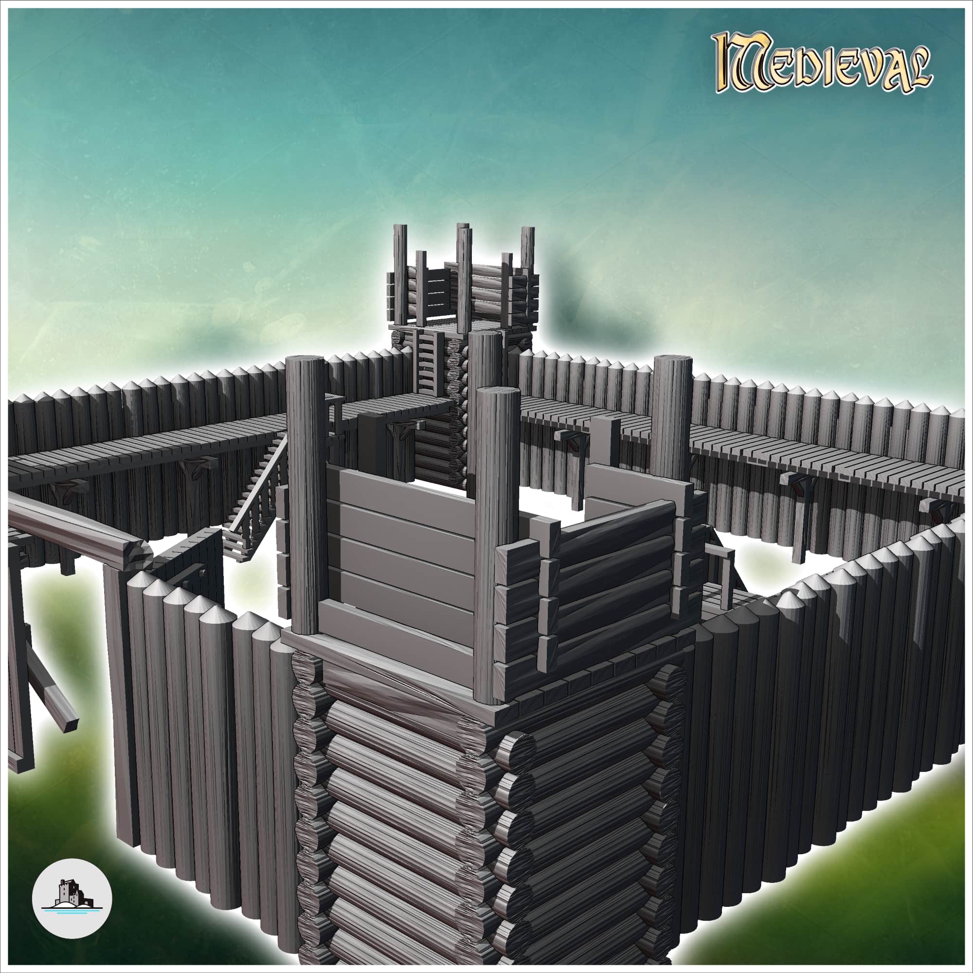 Fortified outpost with log walls large wooden gate and defense towers ...