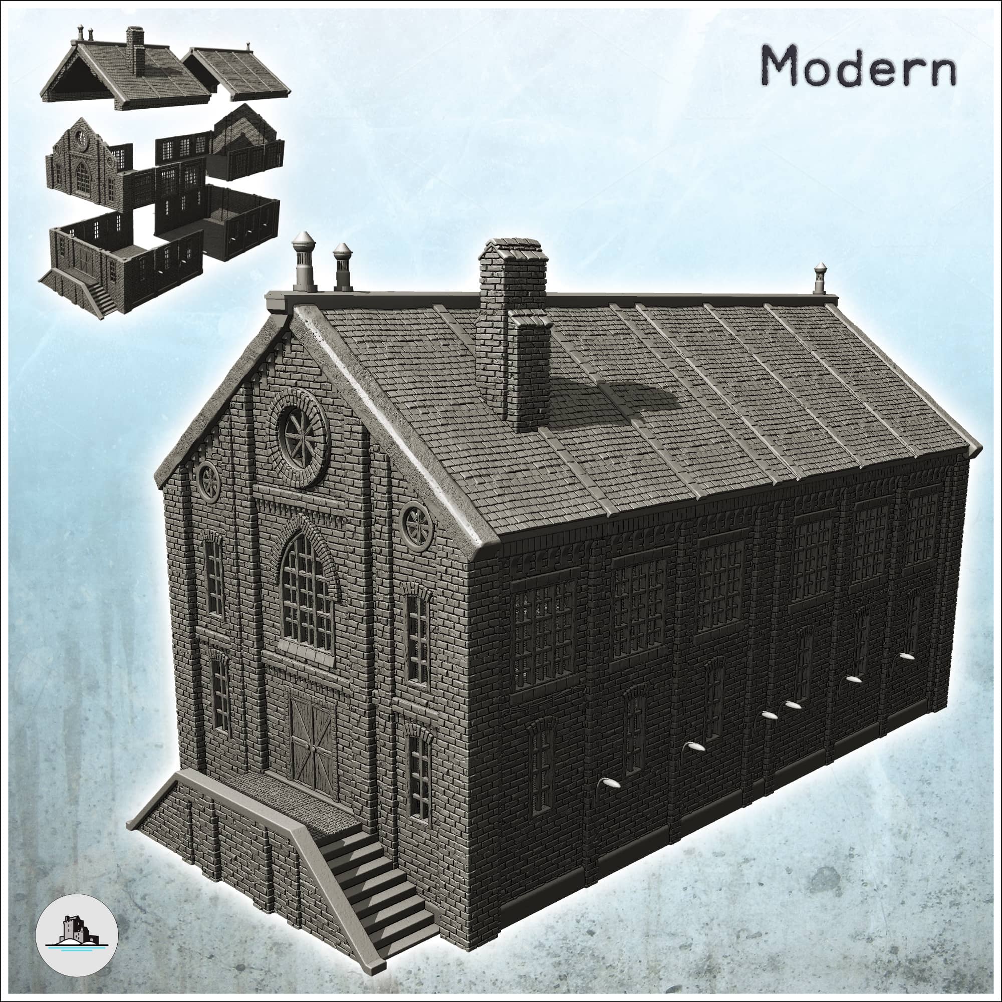 Large modern brick factory with large windows and platform access ...