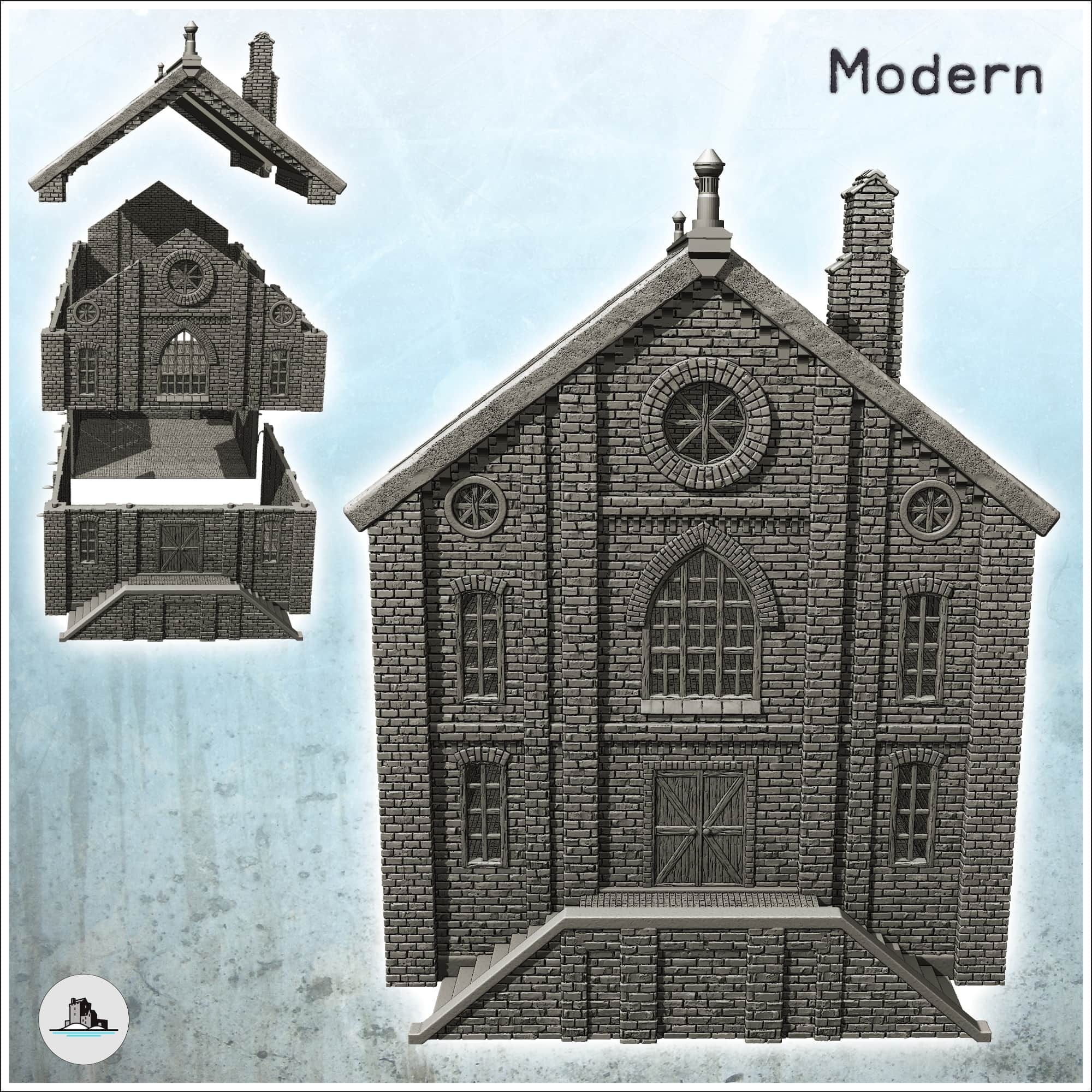 Large modern brick factory with large windows and platform access ...