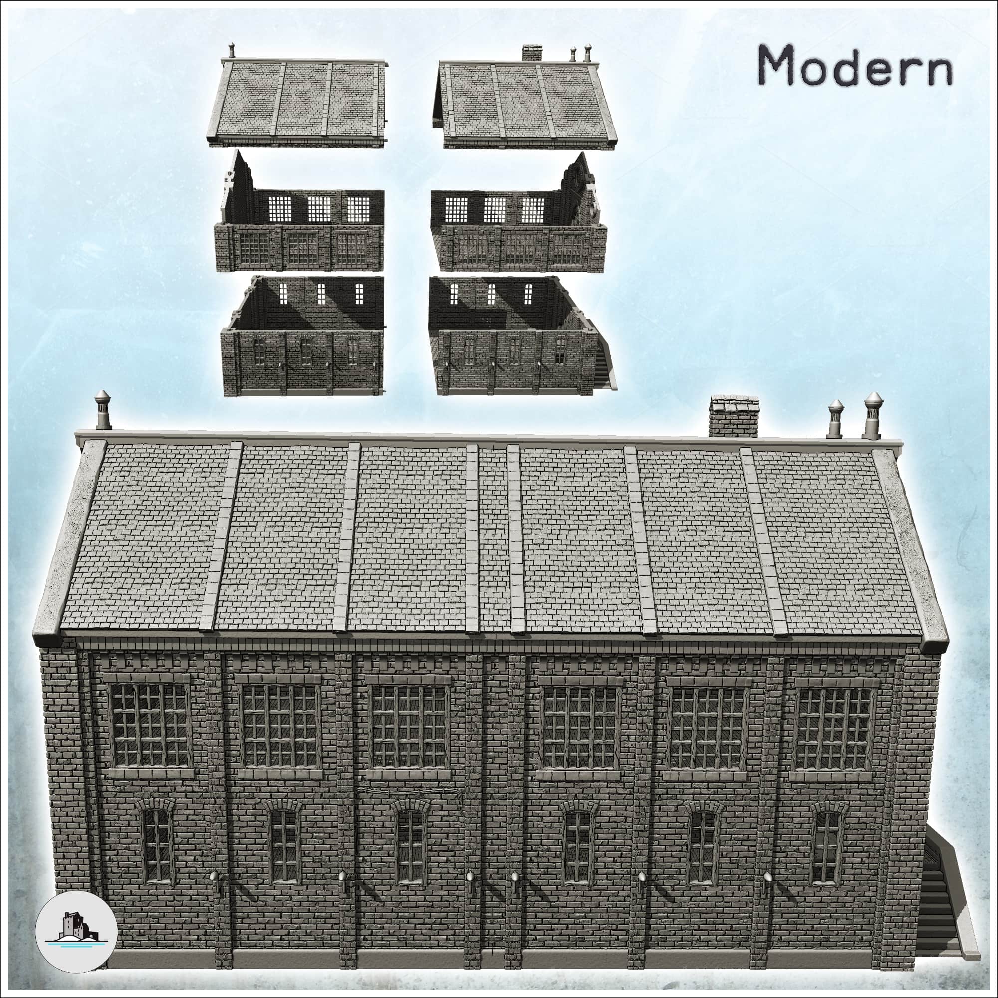 Large modern brick factory with large windows and platform access ...