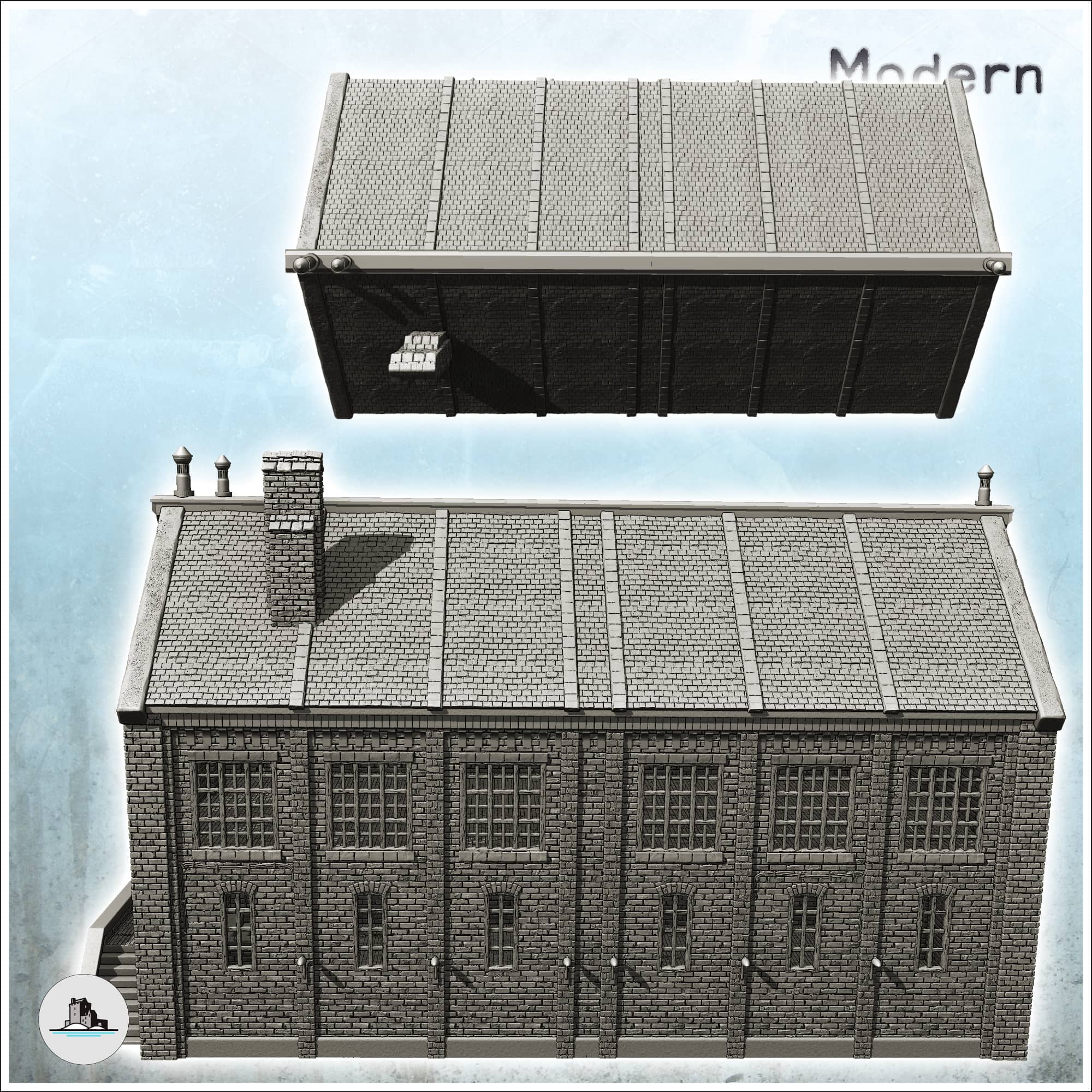 Large modern brick factory with large windows and platform access ...