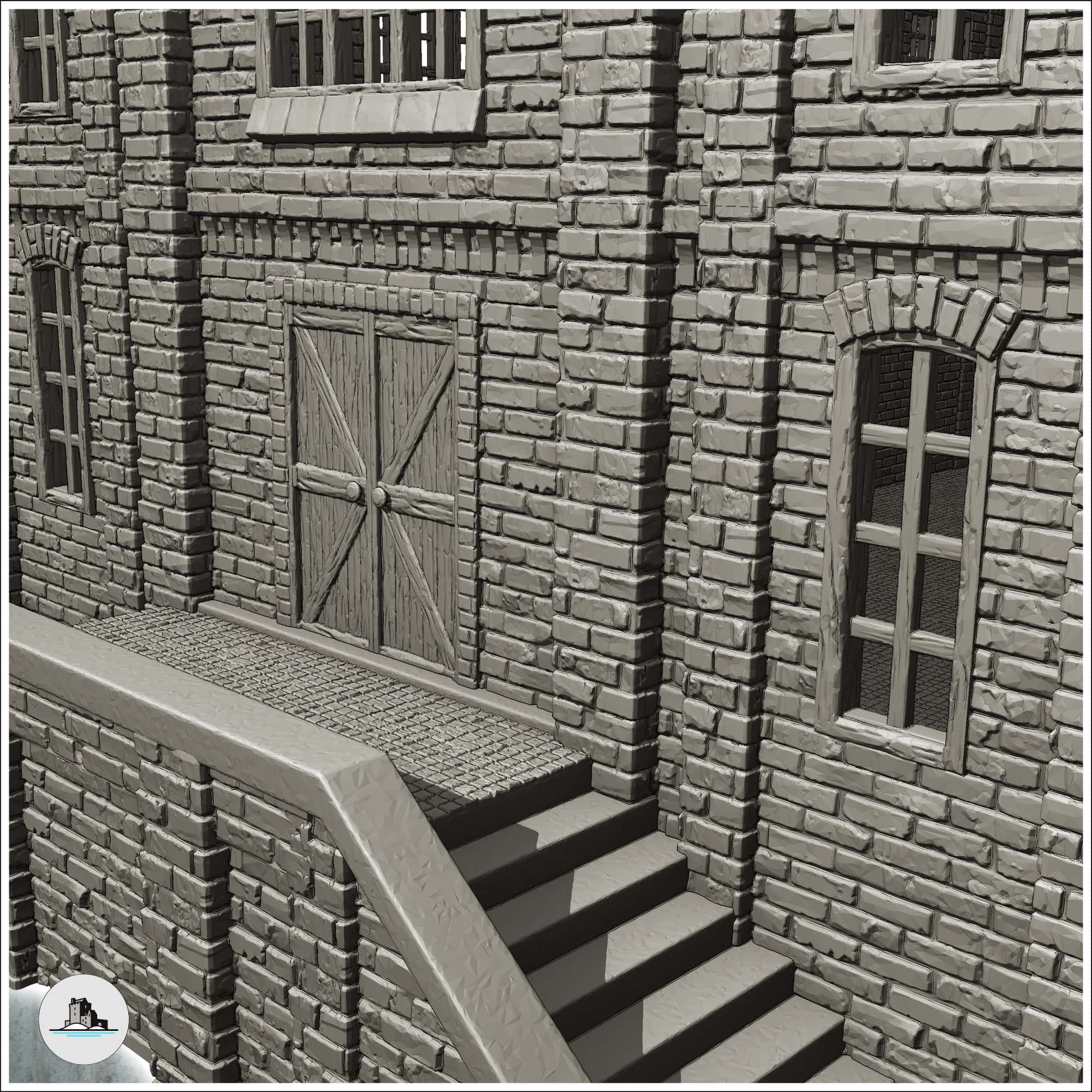 Large modern brick factory with large windows and platform access ...