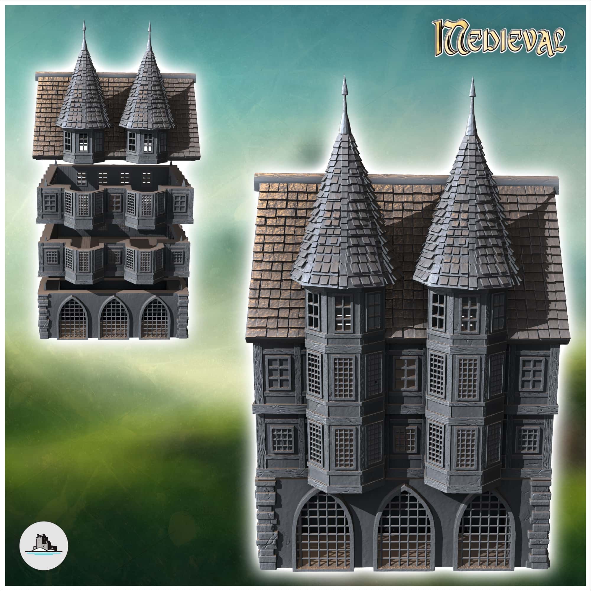 Large medieval building with double conical-roofed towers and stone ...