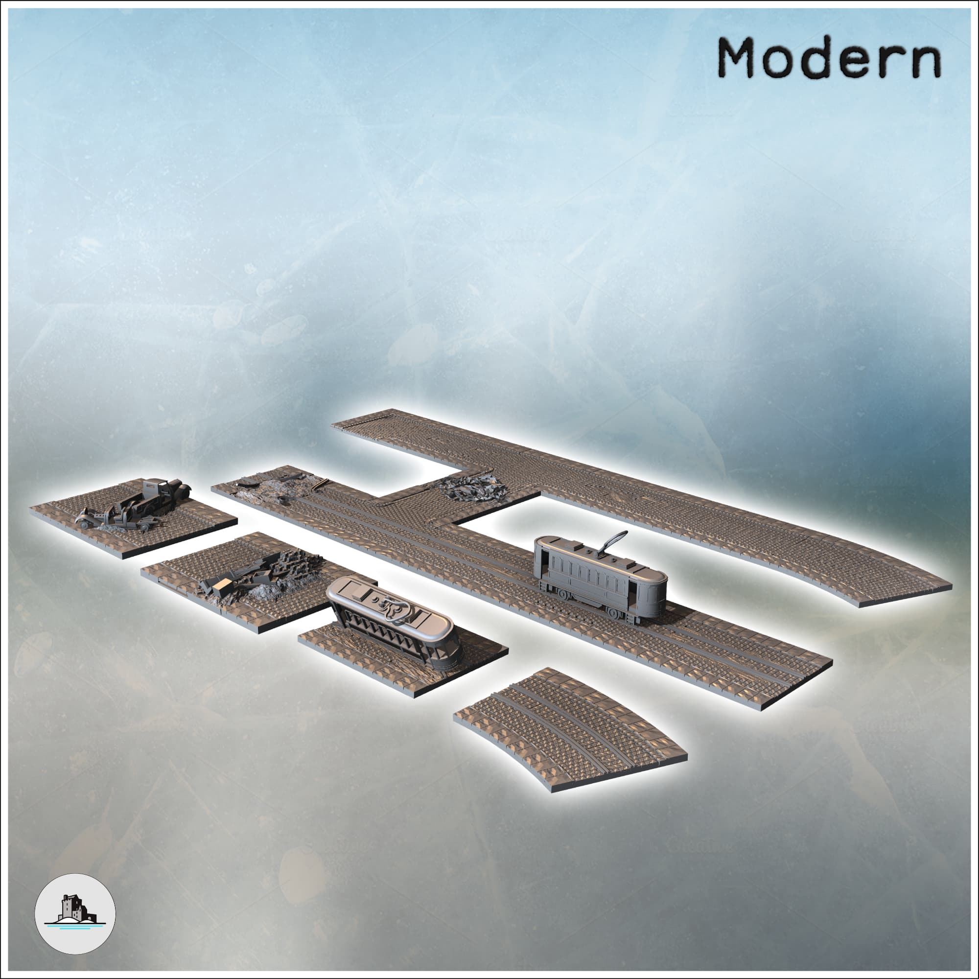 Set of modular paved roads for a modern city with debris and tramway (2 ...