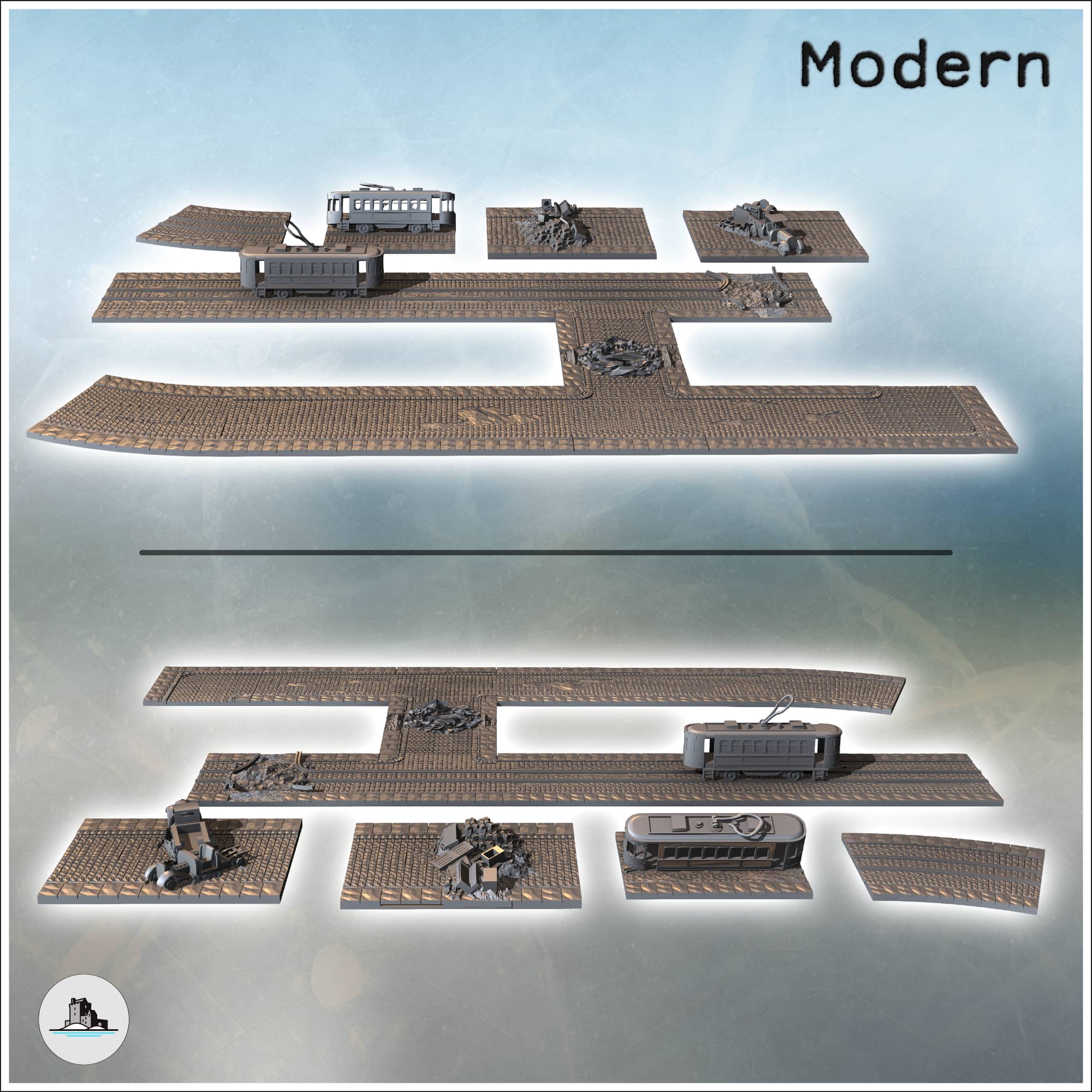 Set of modular paved roads for a modern city with debris and tramway (2 ...