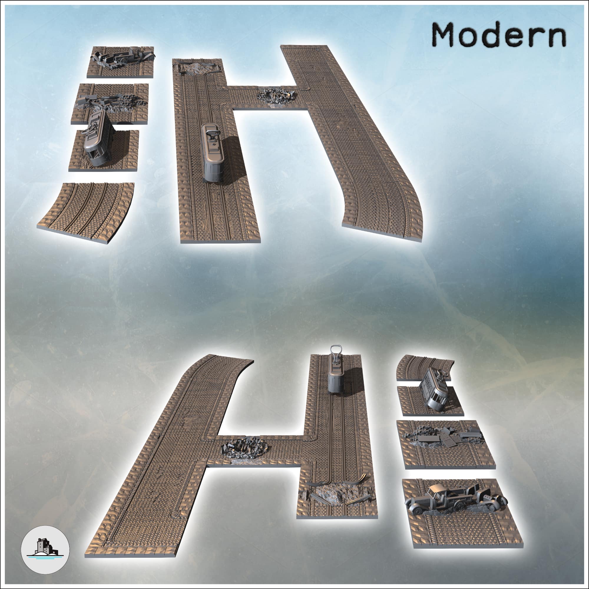 Set of modular paved roads for a modern city with debris and tramway (2 ...