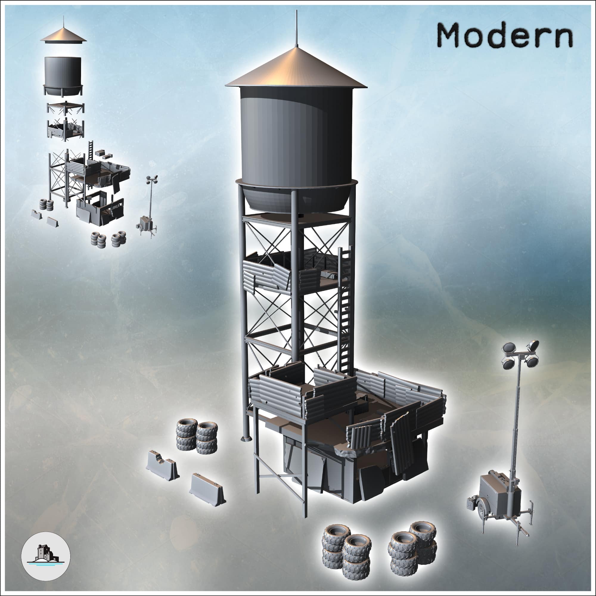 Outpost on water storage tower with lamps and metal defensive walls (15 ...