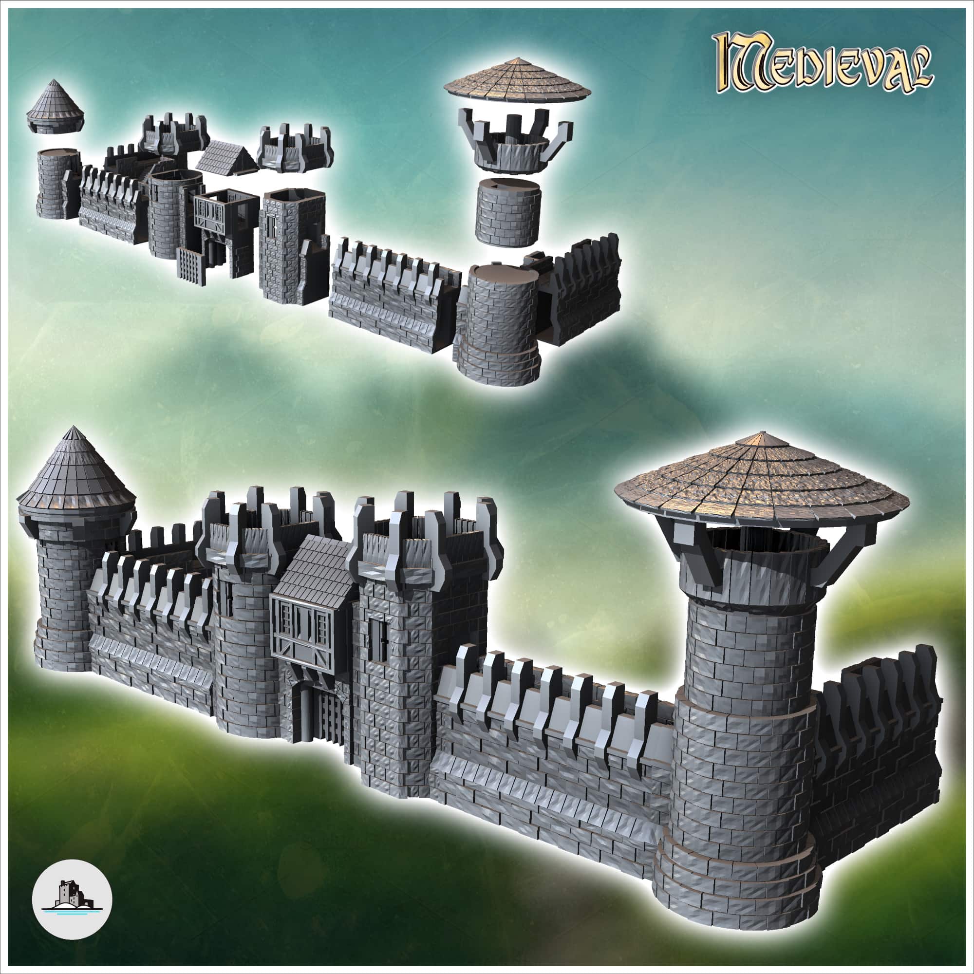 Set of modular medieval stone walls with building surrounded by towers ...