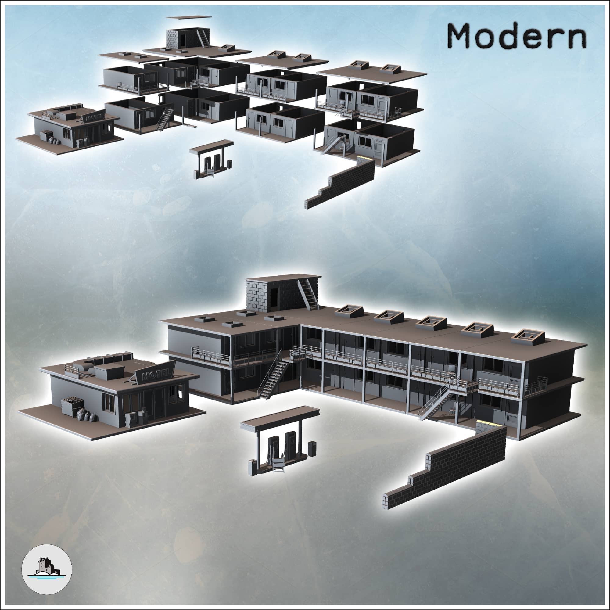 Set of modern motel with a large multi-story main building and gas ...