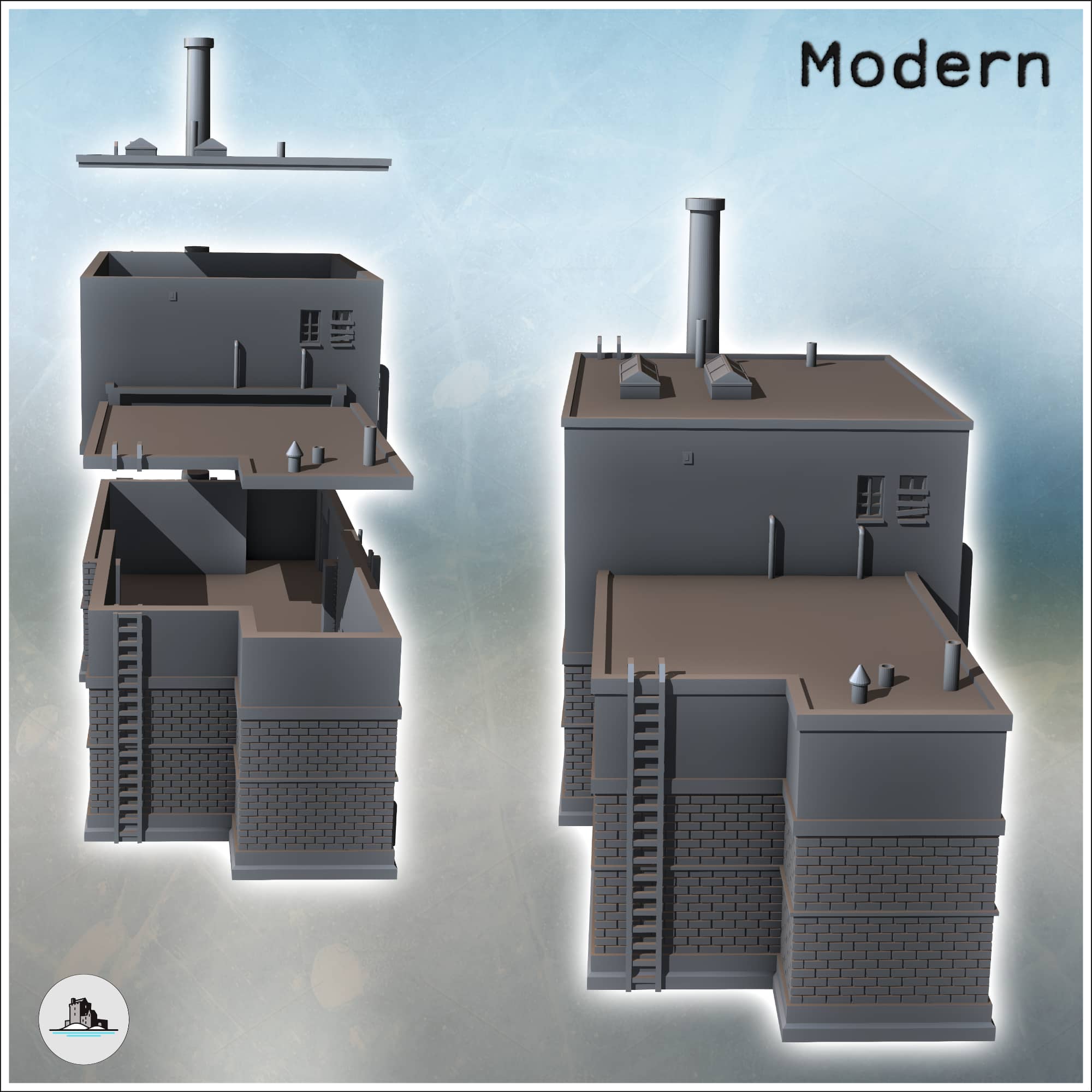 Modern industrial building with barricaded window chimney and roll-up ...