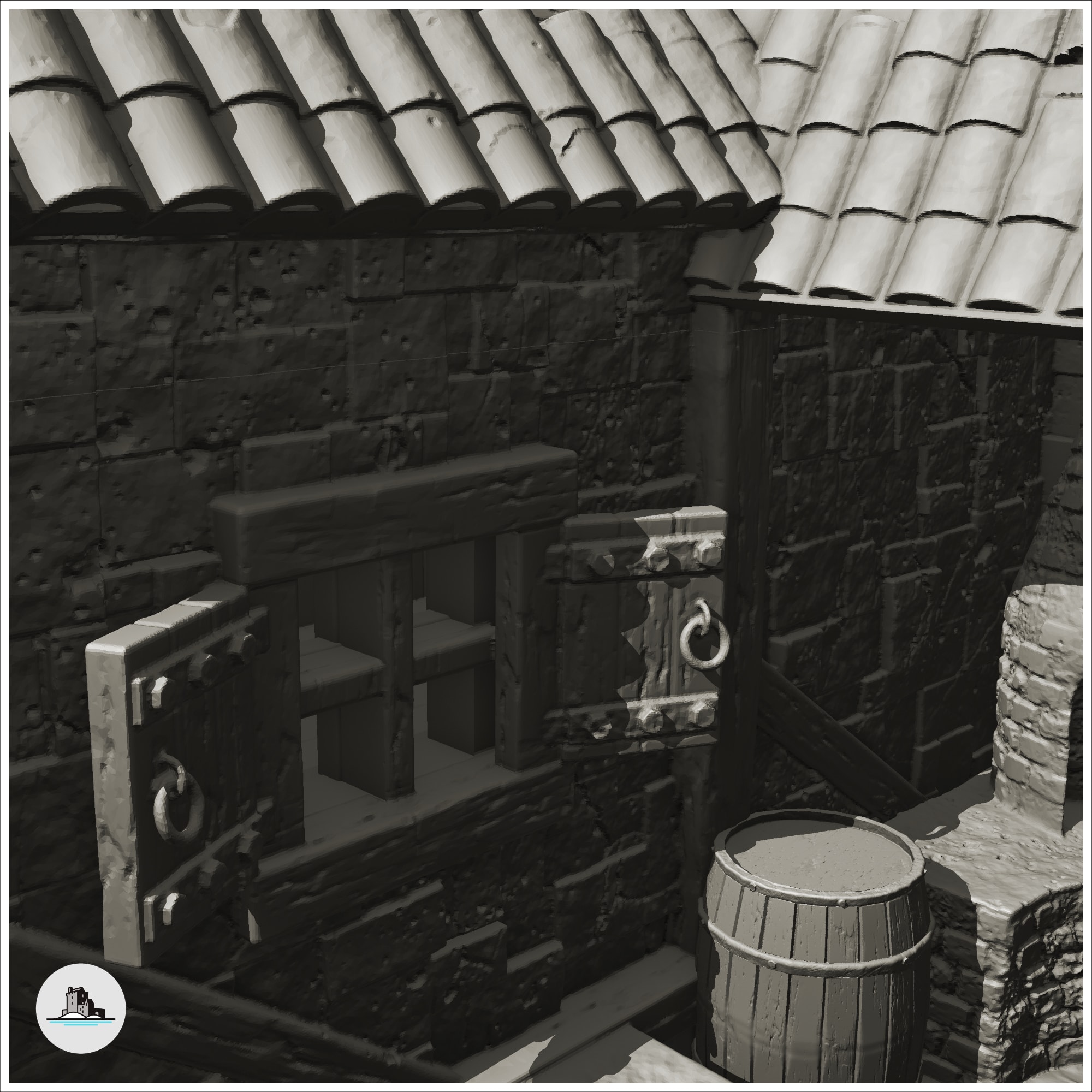 Medieval blacksmith's workshop with outdoor forge under canopy and ...