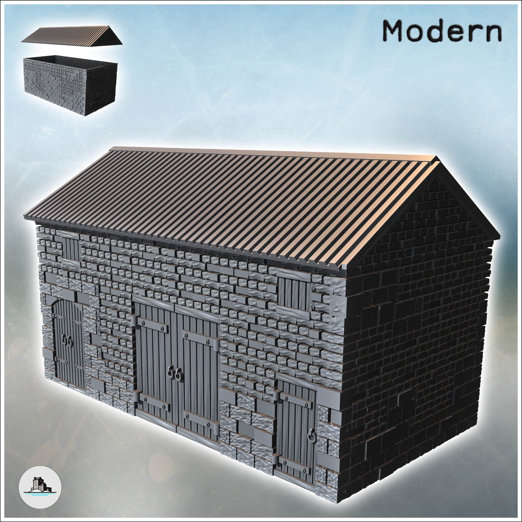 Large stone farm stable with a tin roof and wooden doors (3) by ...