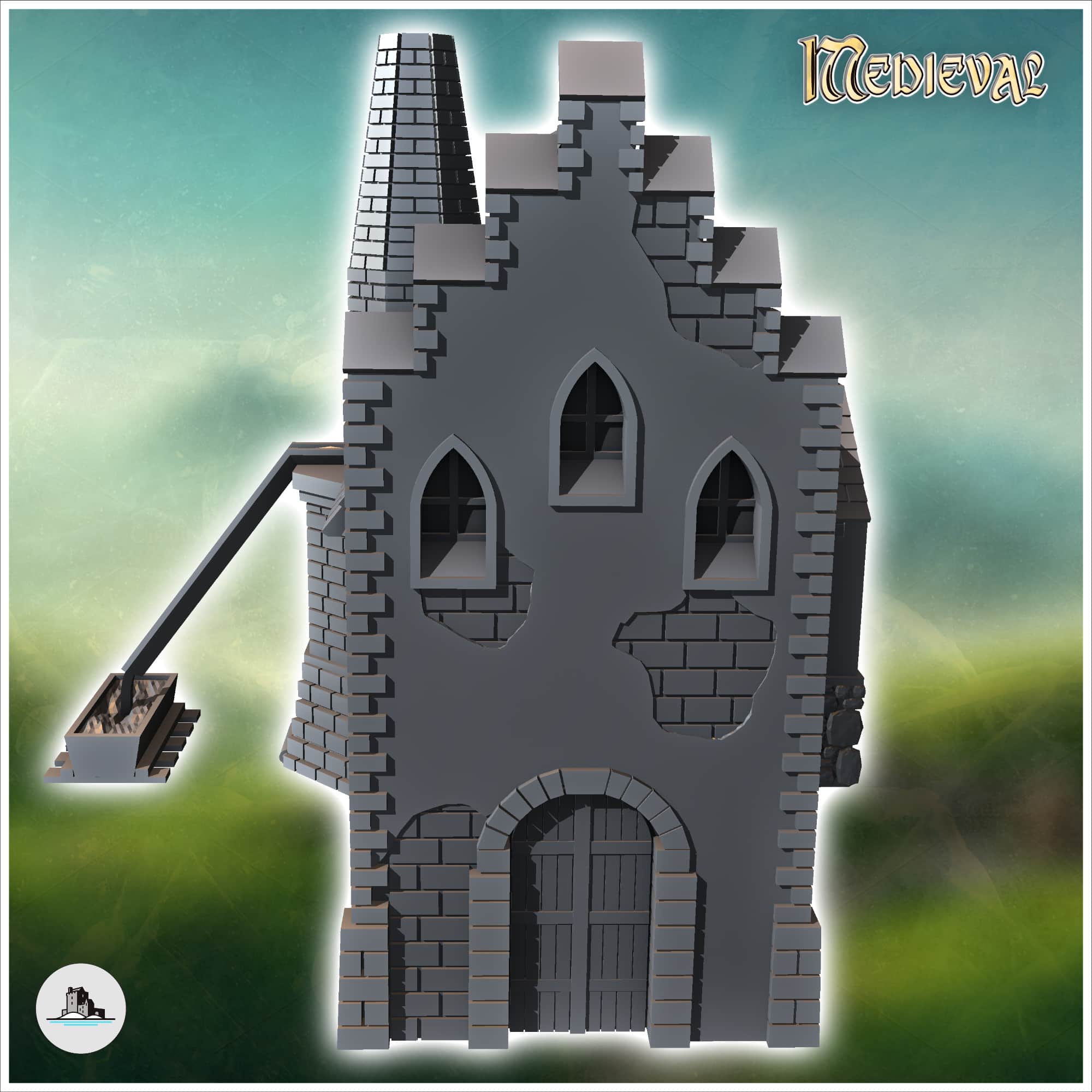 Medieval blacksmith shop with large brick fireplace and outdoor gutter ...