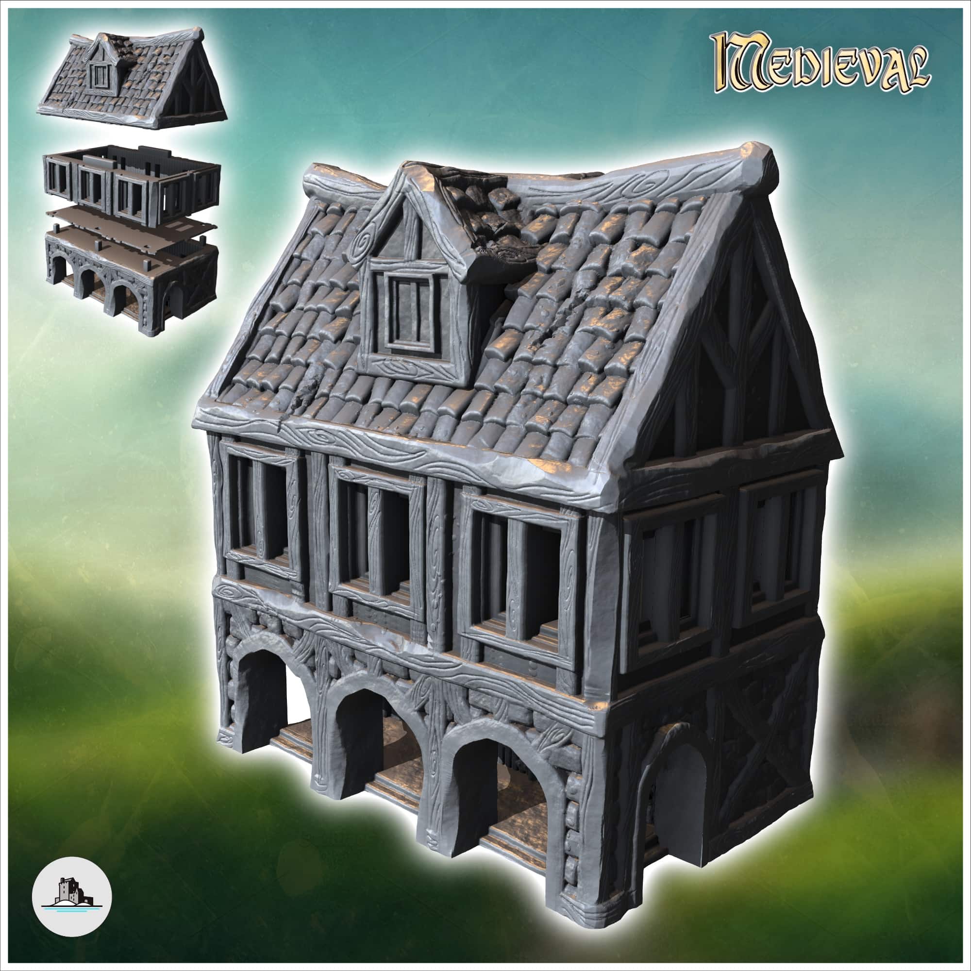 Medieval one-storey building with wooden arched passageway and roof ...