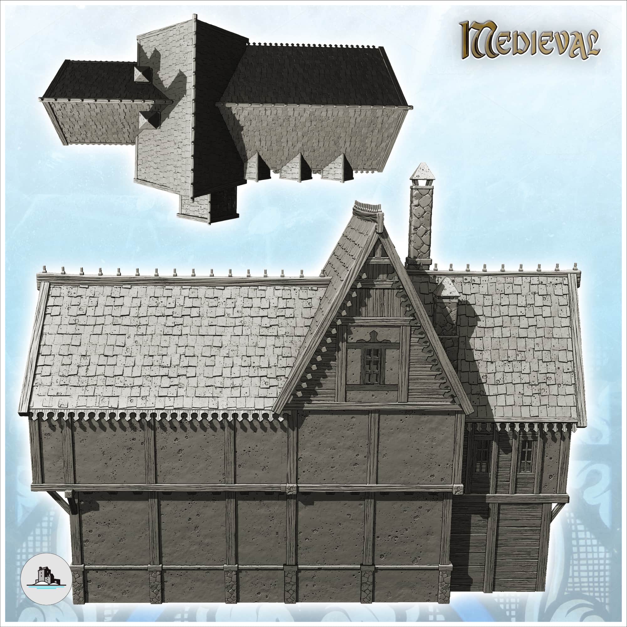Large medieval residence with entrance under awning and sculpted slate ...