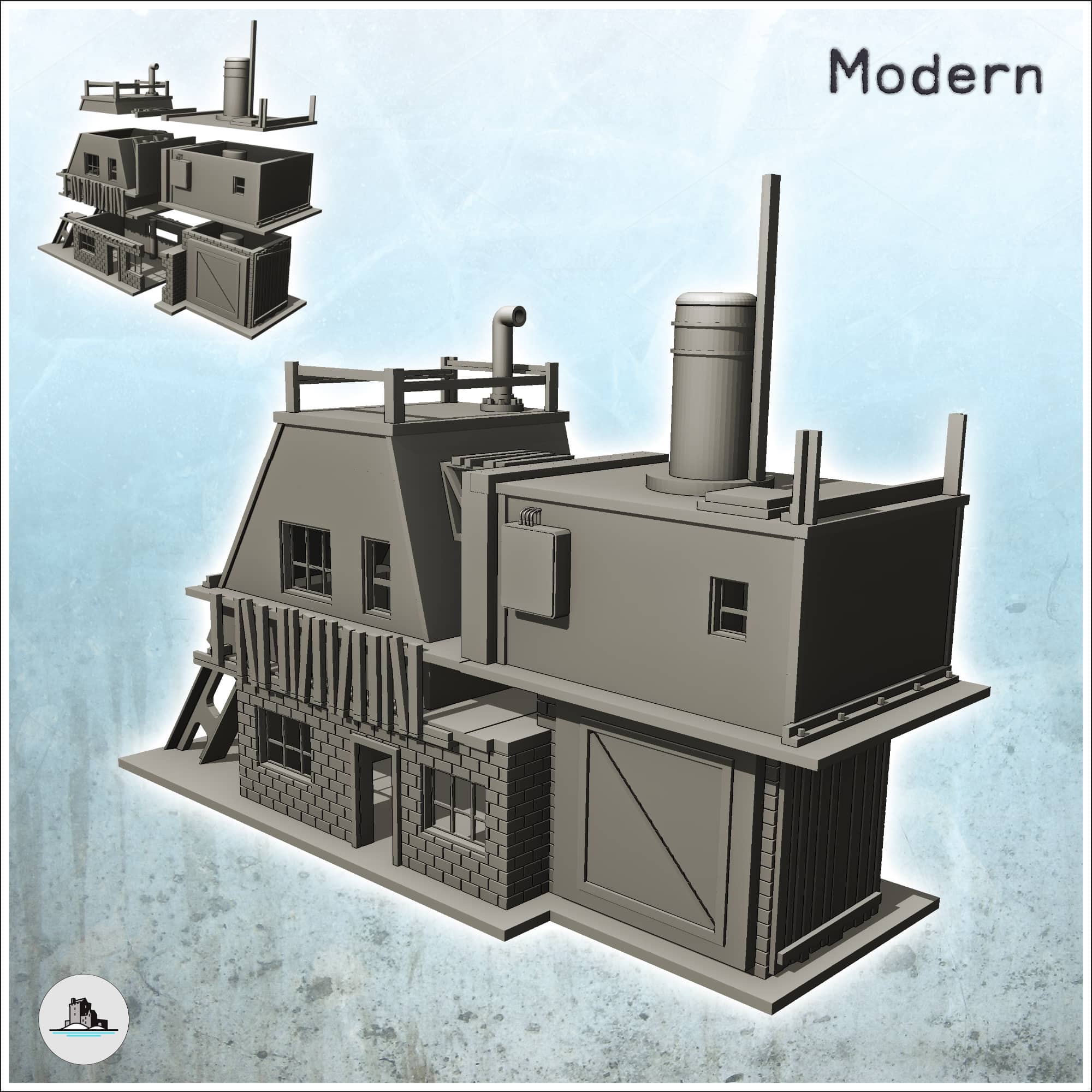 Two-storey brick factory with chimney and steel beam (intact version ...