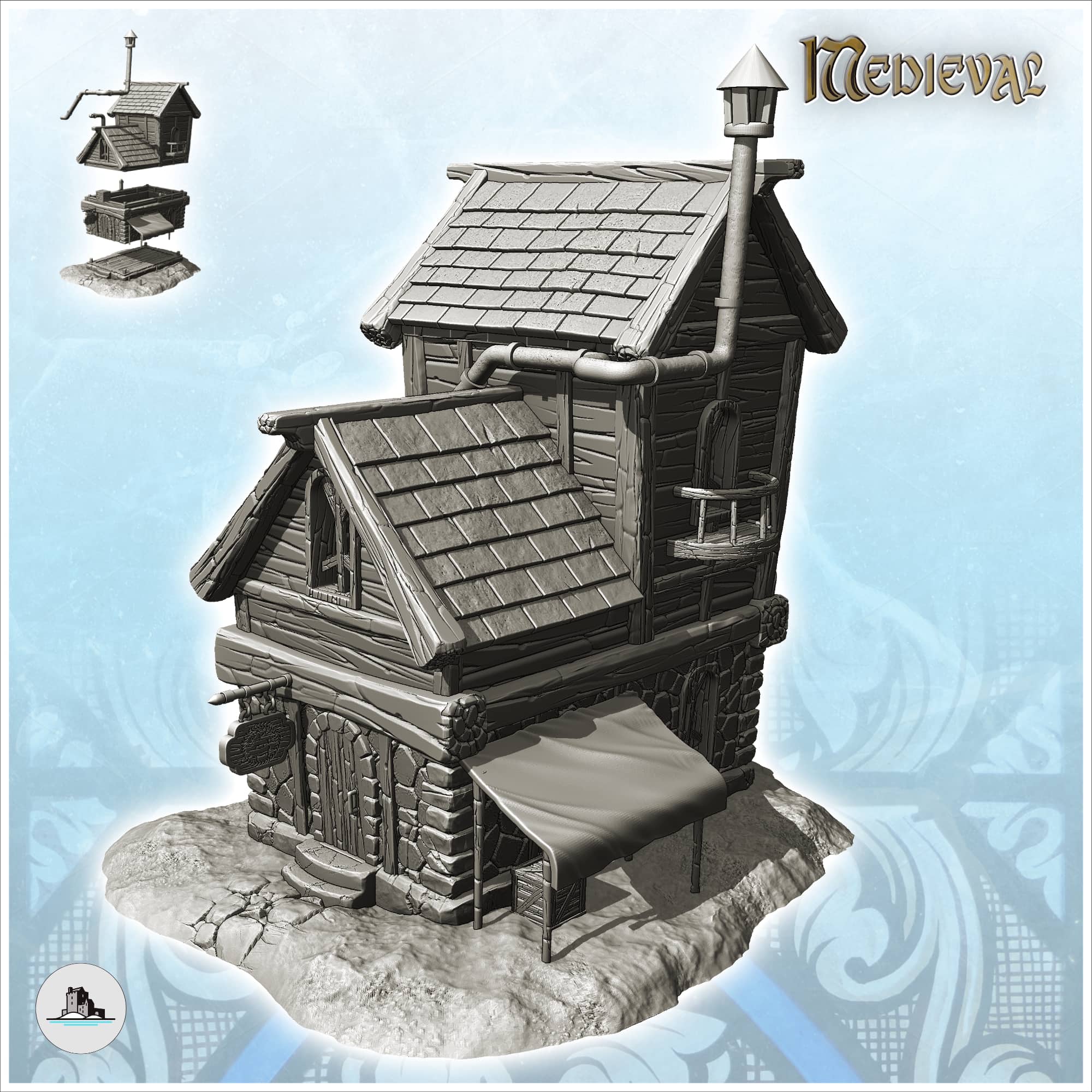 Medieval house with zinc drain pipes canvas awning entrance sign (13 ...
