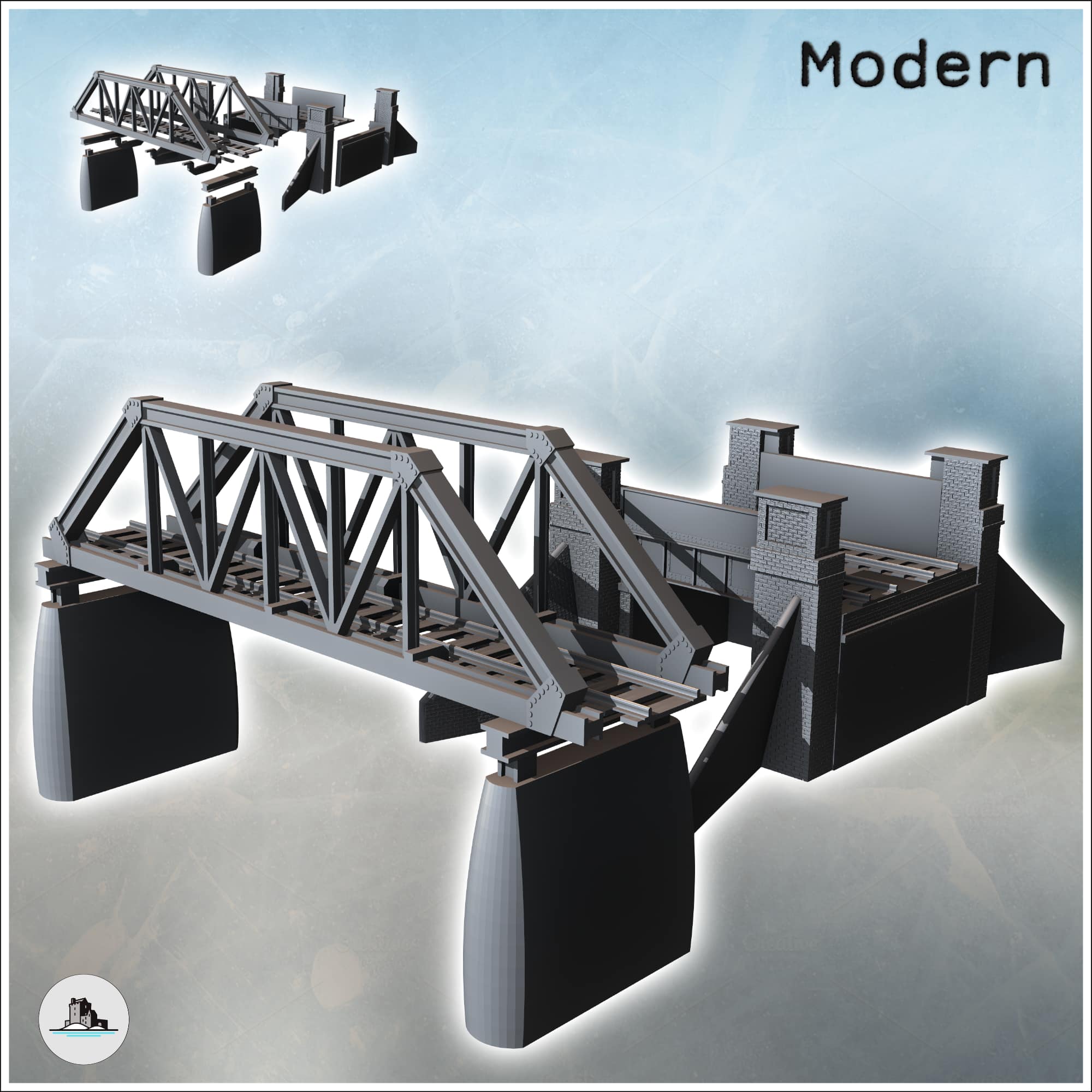 Set of two modern railway bridges with pillars and brick railings (3 ...