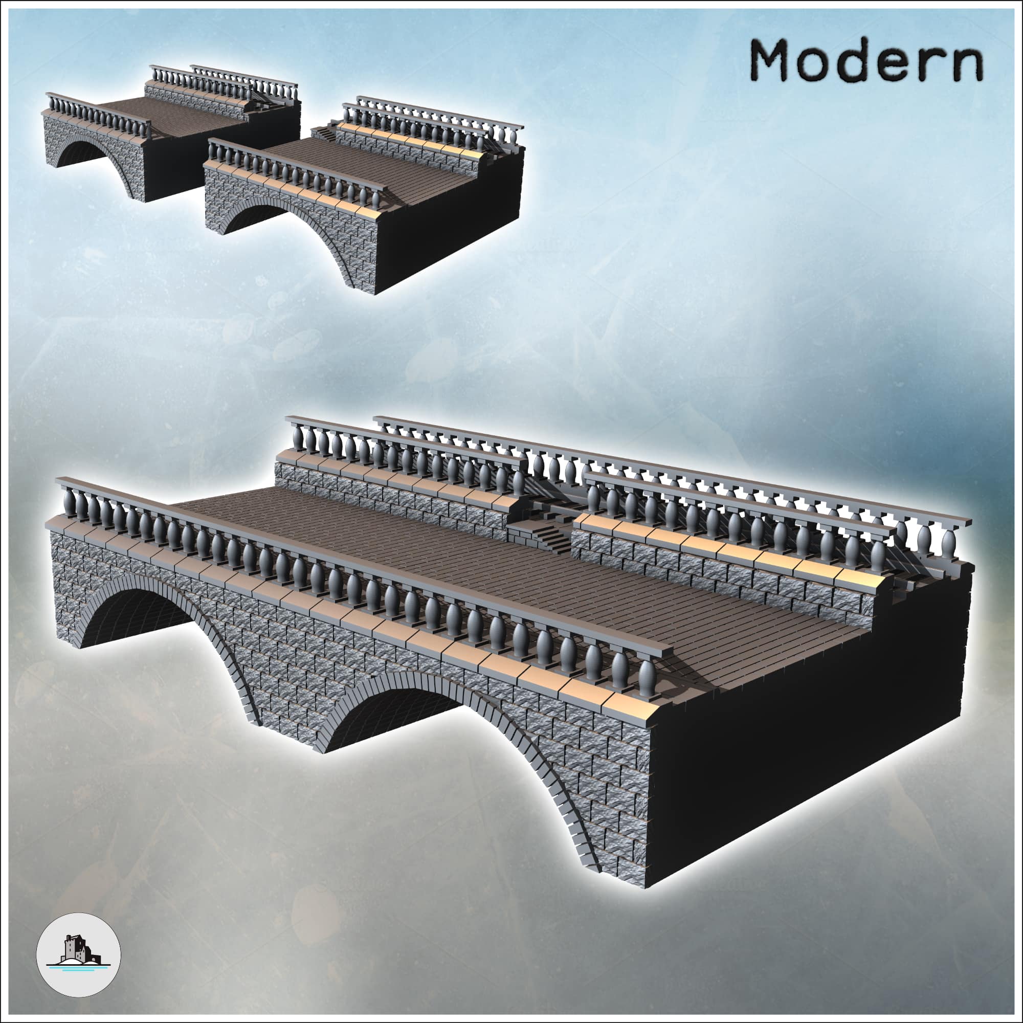 Damaged brick bridge with classic-style parapet and double arches (26 ...