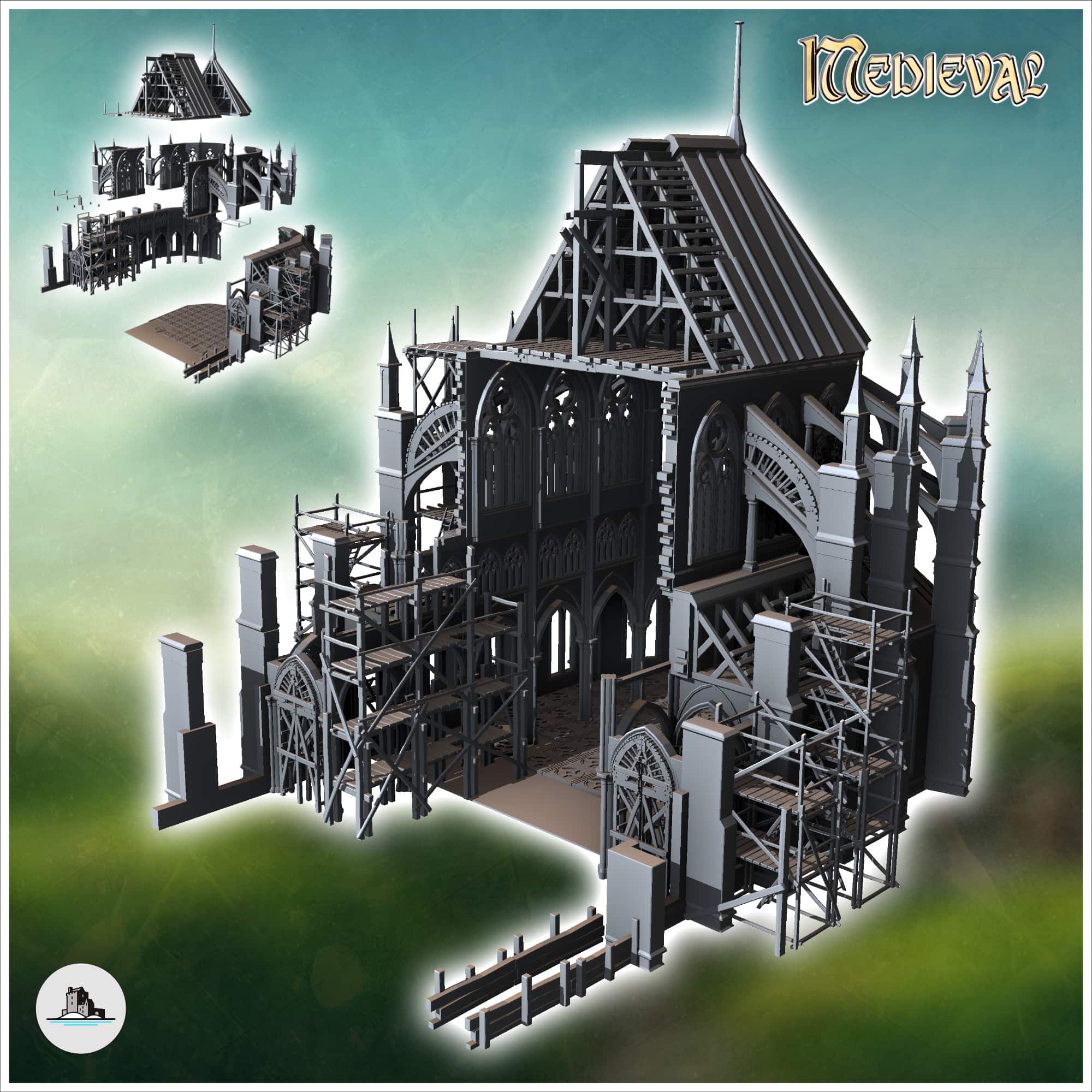Medieval Gothic cathedral under construction with wooden scaffolding ...