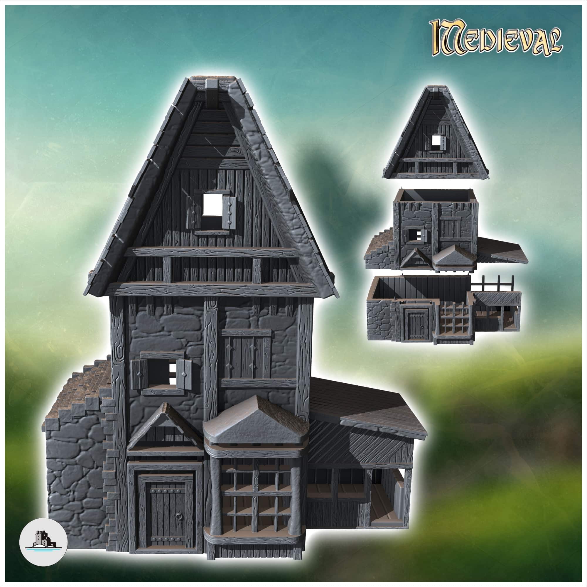 Large medieval building with covered annex and wooden roof (2) by ...