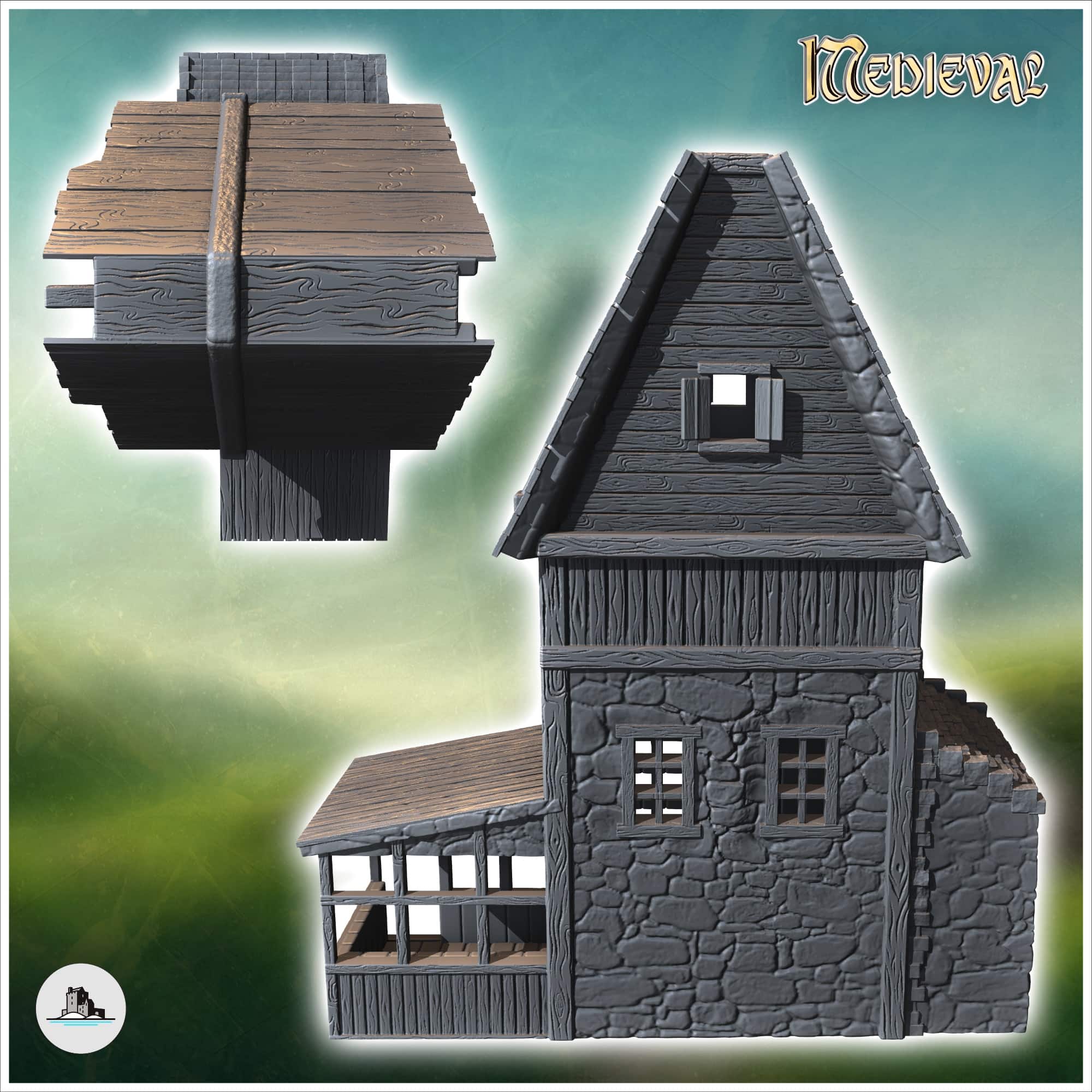 Large medieval building with covered annex and wooden roof (2) by ...