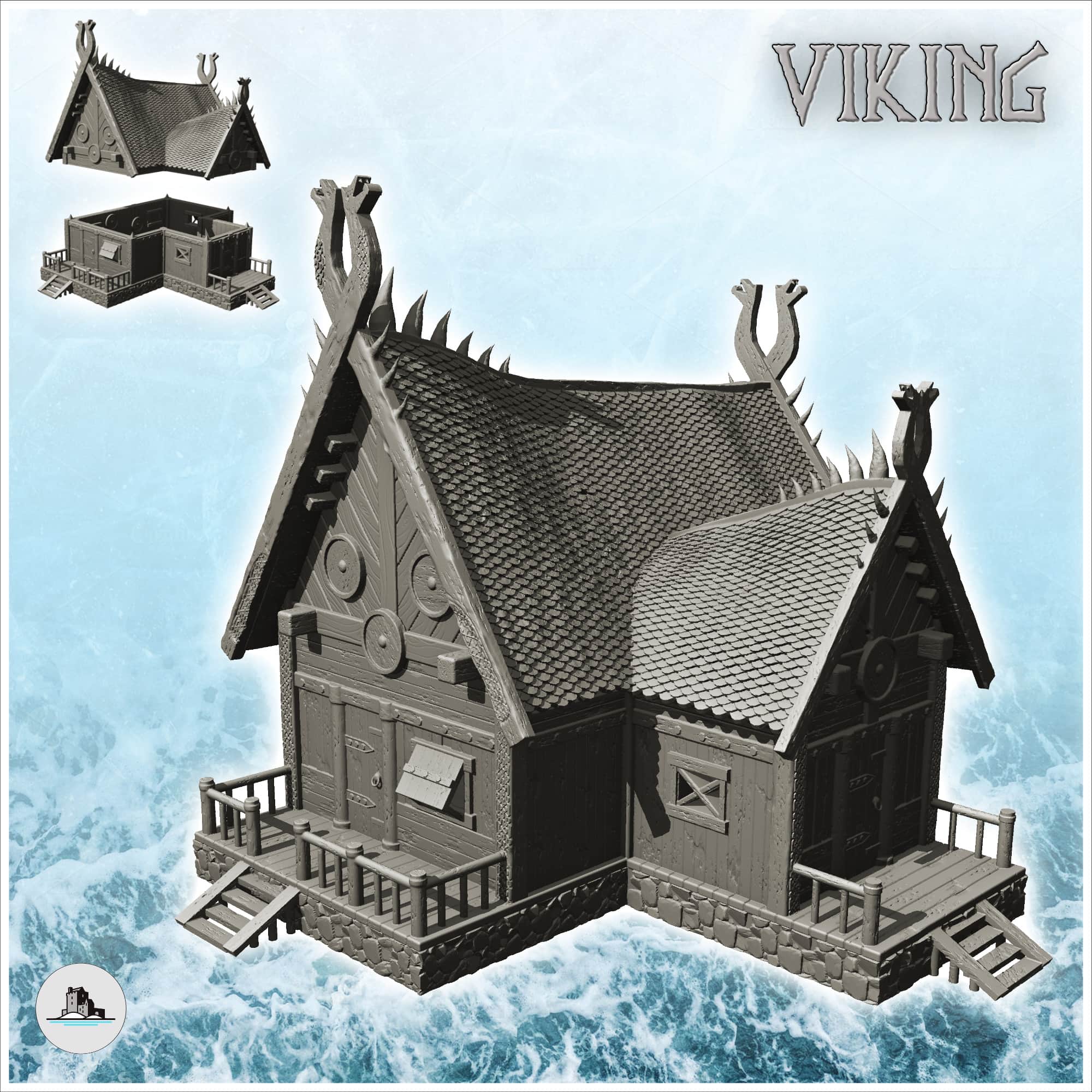 Wooden viking house on platform with double stairs and annex (12) by Hartolia Miniatures ...