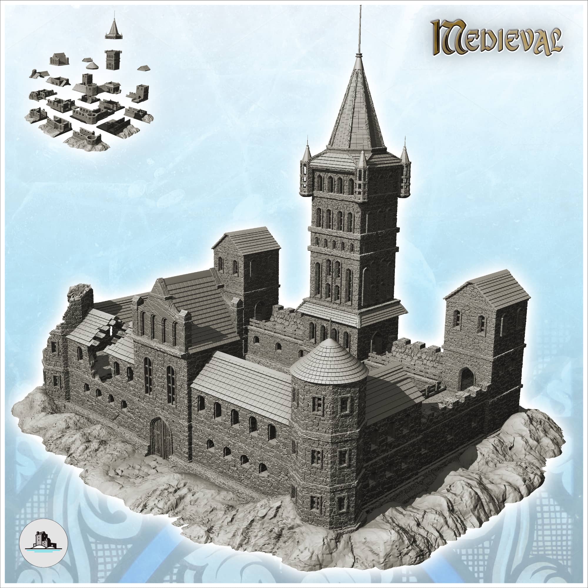 Large damaged stone castle with corner towers and high soaring keep (17 ...