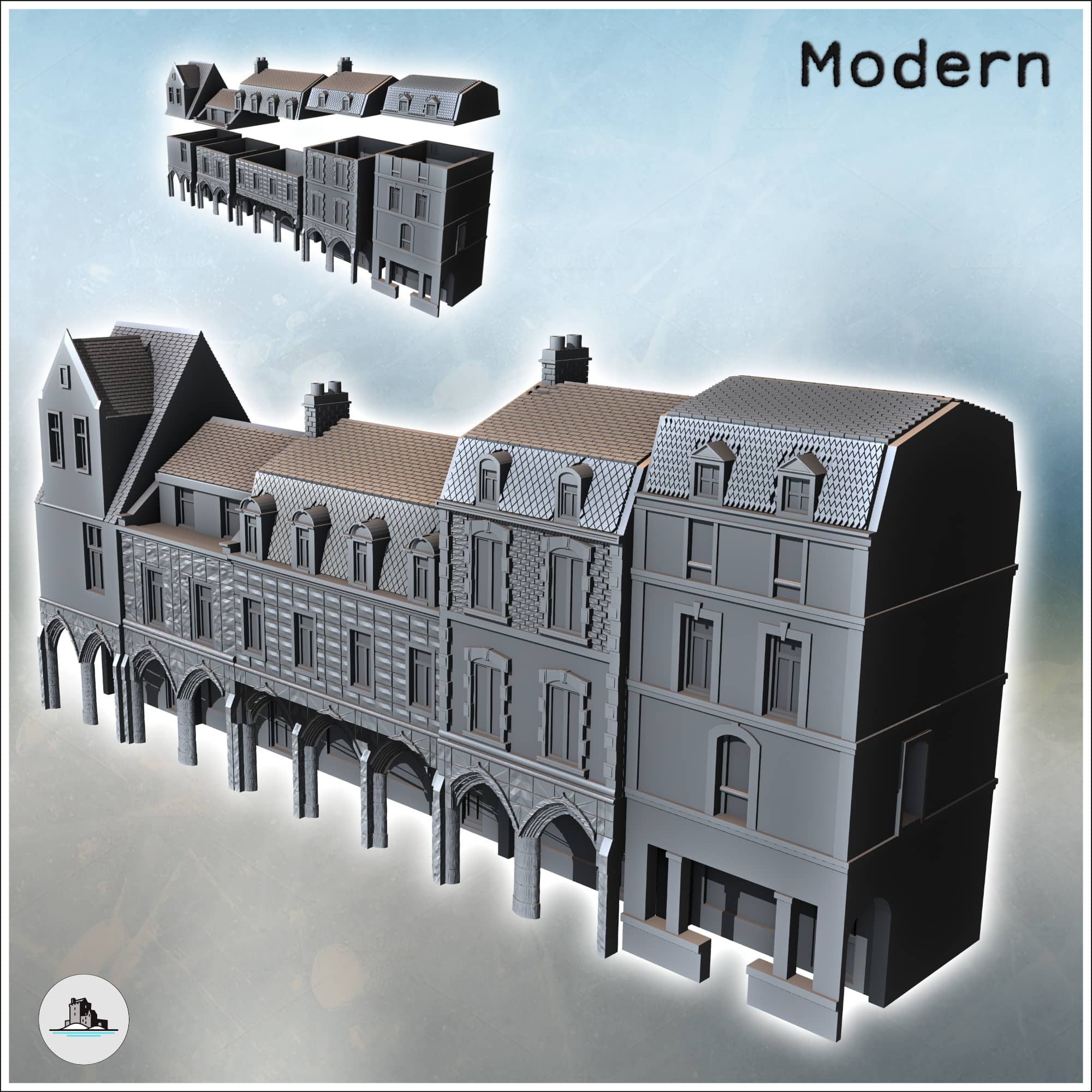 Set of modern multi-story buildings with colonnade passage and baroque ...