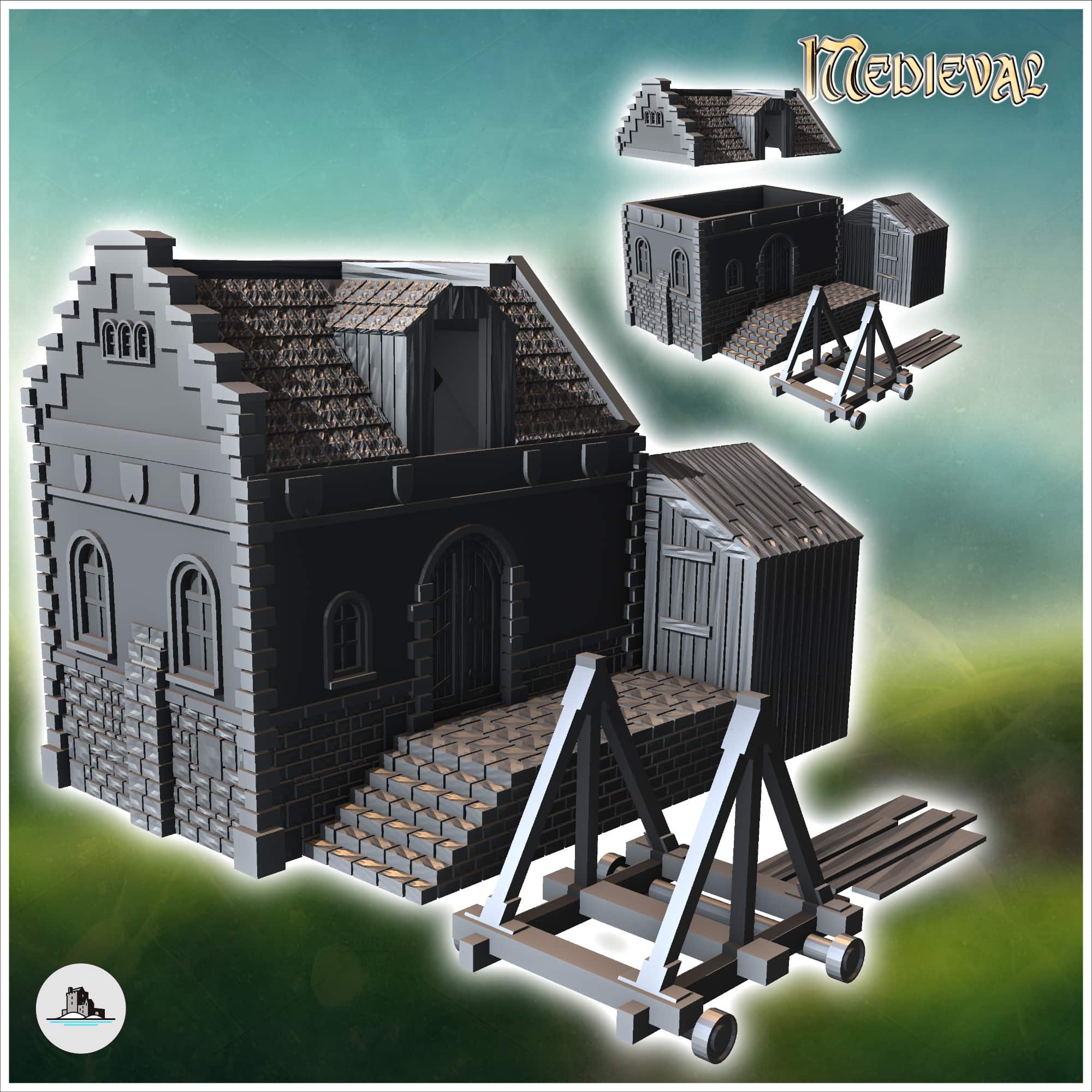 Medieval workshop for the production of siege weapons with wooden ...