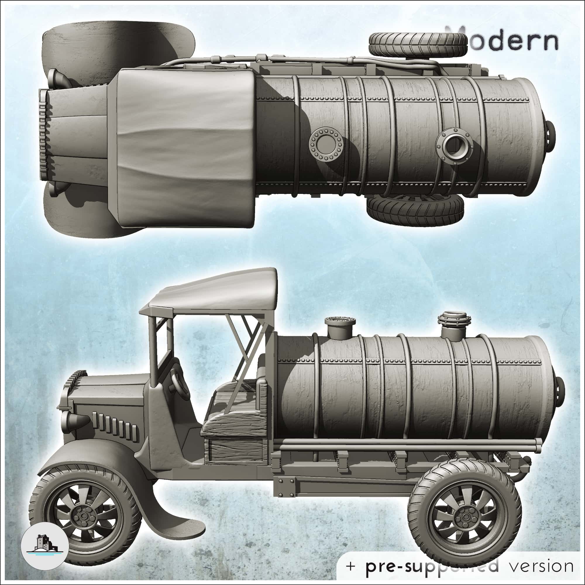 Retro car with four wheels and storage tanks in the back (12) by ...