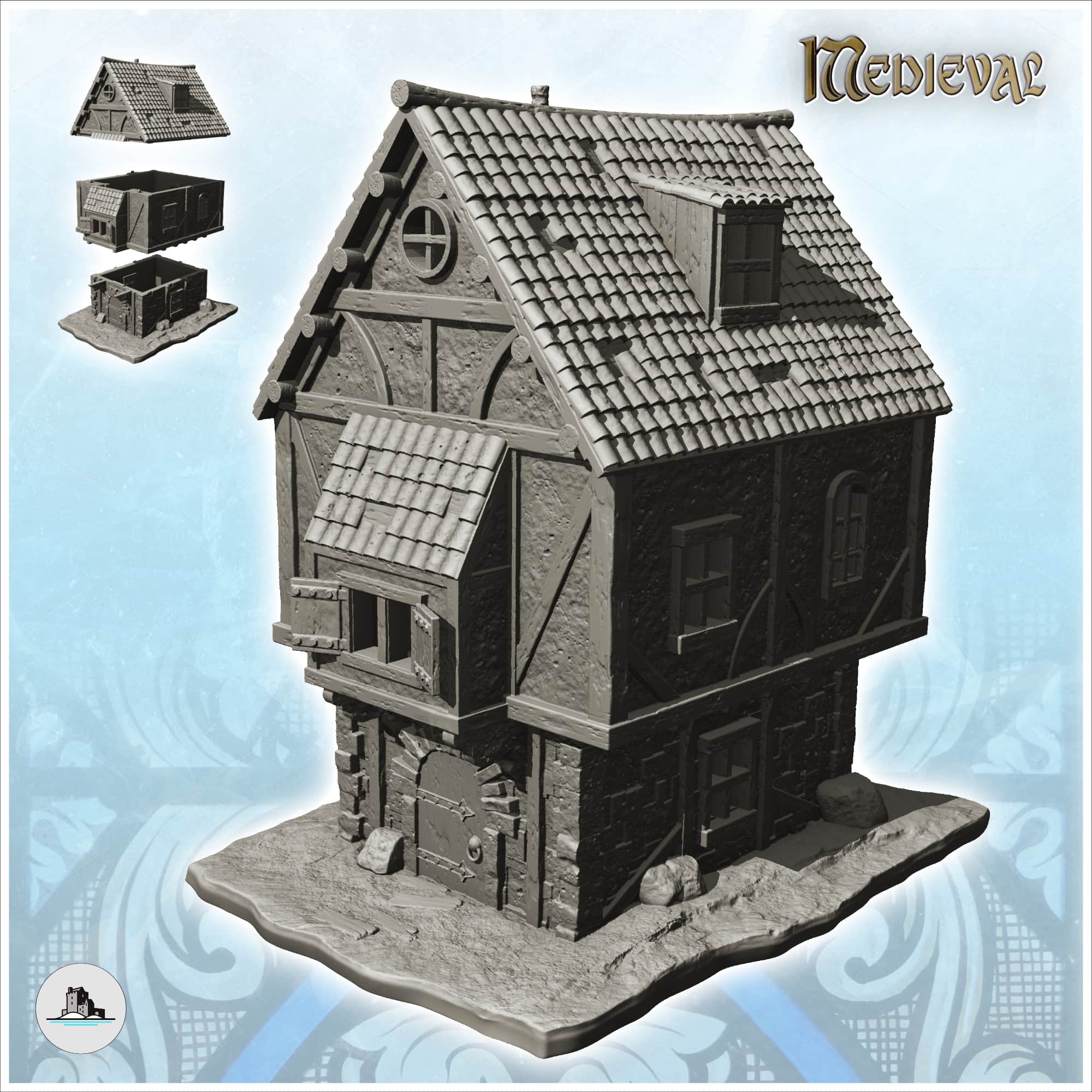 Large medieval house with tiled roof overhanging floor and window (5 ...